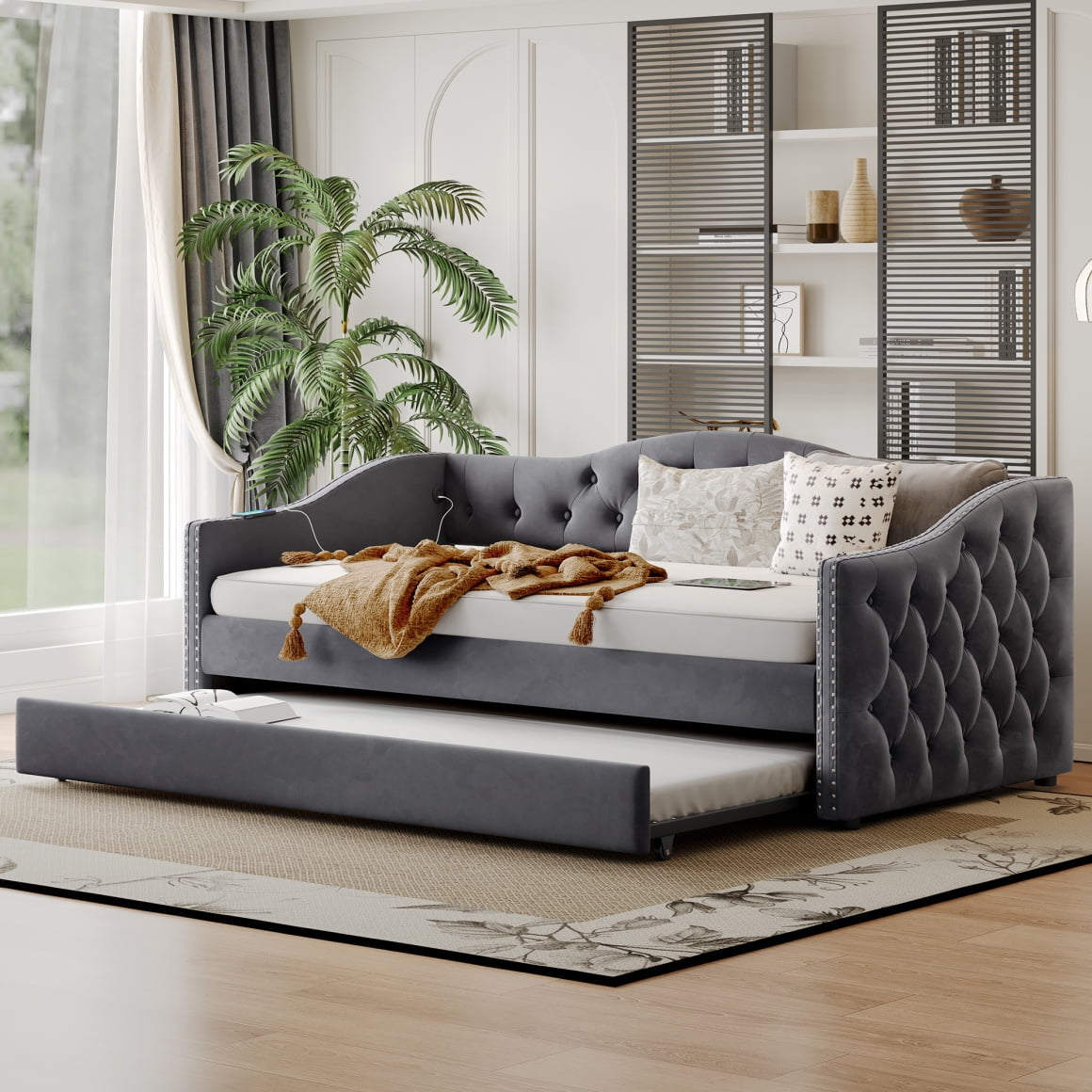 Twin Size Upholstered Daybed with Trundle and USB Charging, Sturdy Wood ...