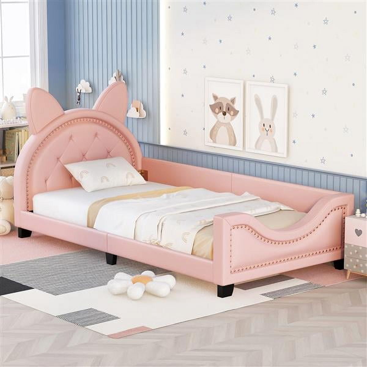 Twin Size Upholstered Daybed with Carton Ears Shaped Headboard, Pink ...