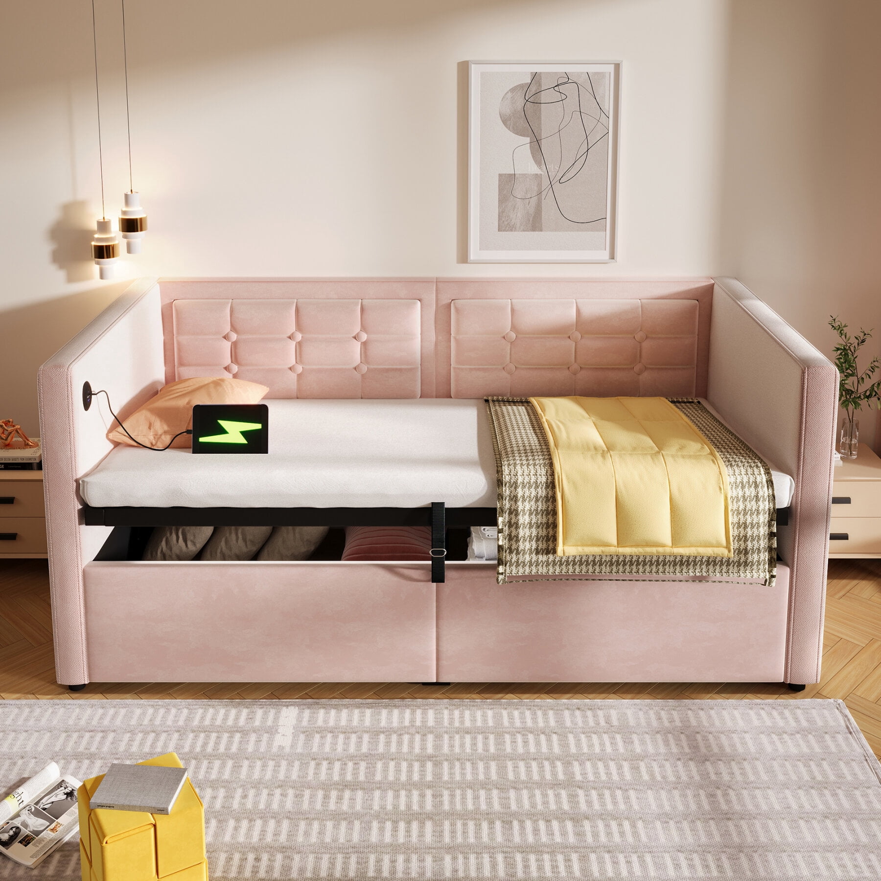 Twin Size Upholstered Daybed with Charging, Comfy Velvet Sofa Bed with ...