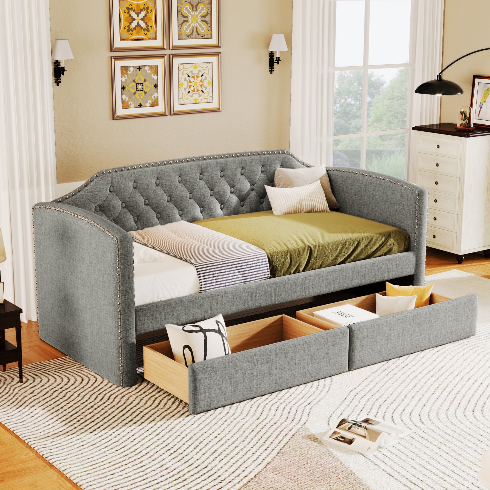 Twin Size Upholstered Daybed with Drawers for Guest Room, Small Bedroom ...