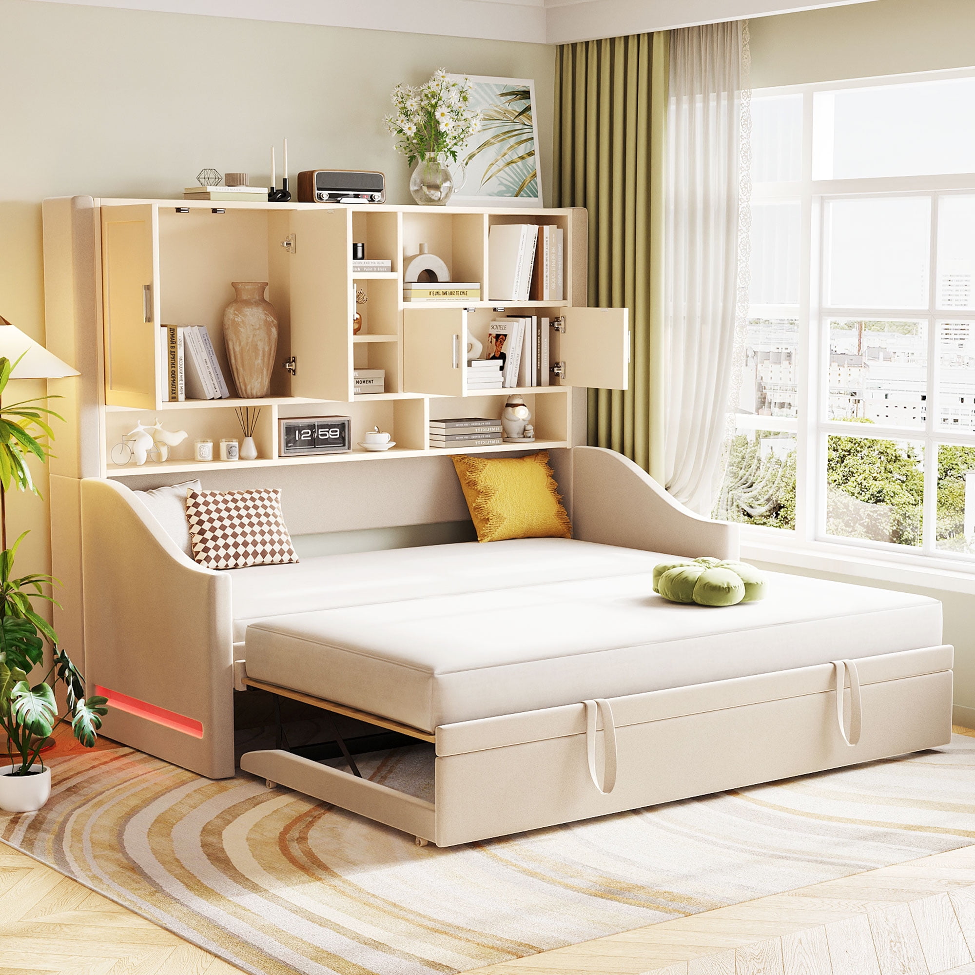 Twin Size Upholstered Daybed with LED Armrest Lights, Storage Shelves ...