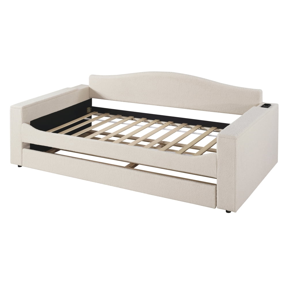 Twin Size Upholstered Daybed with Storage Armrests, Trundle and ...