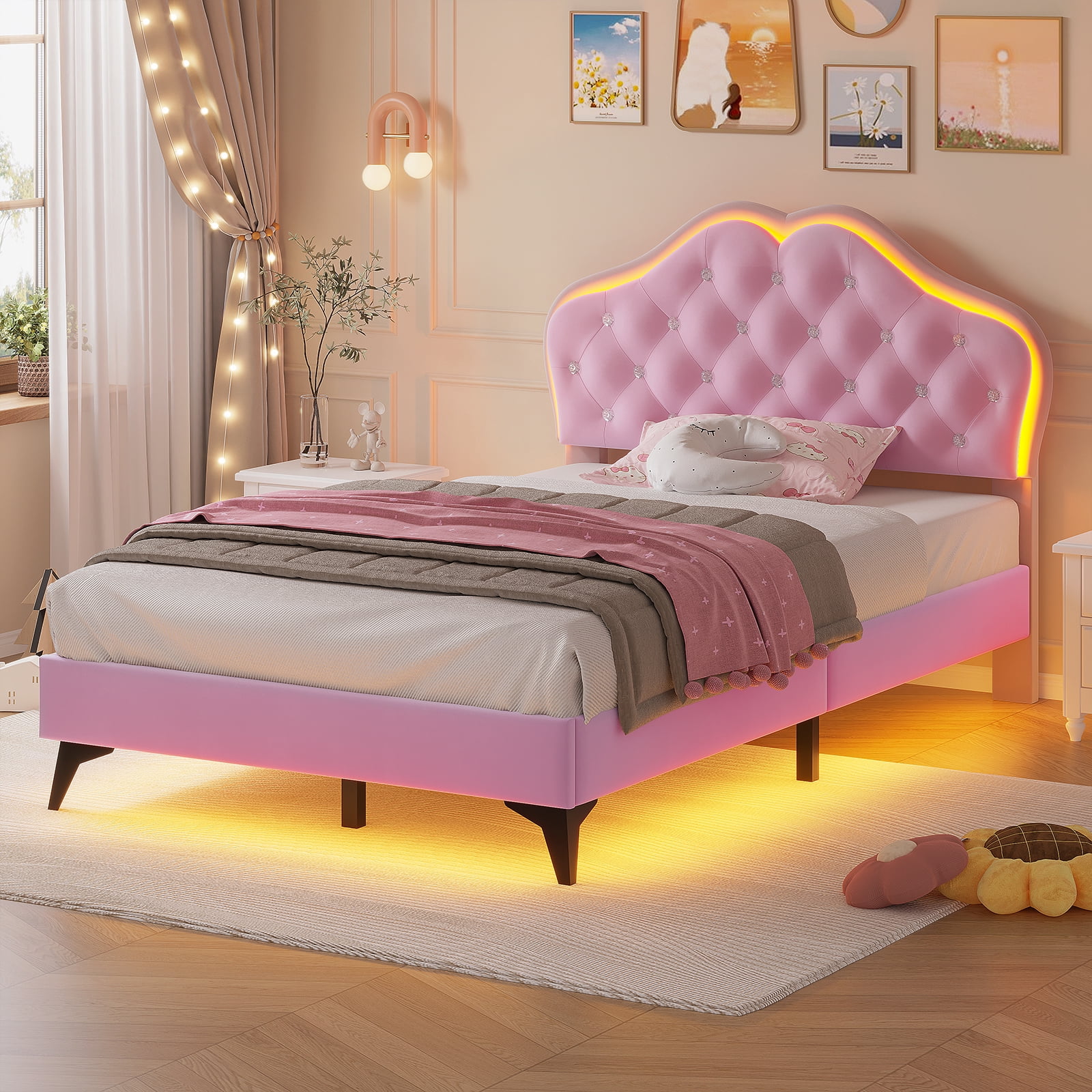 Twin Size Upholstered LED Bed Frame, with Adjustable Crystal Button ...