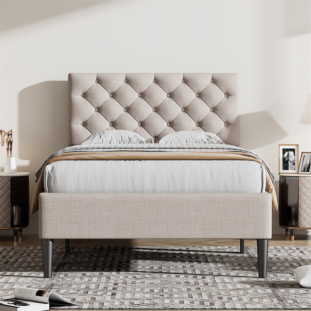 Twin Size Upholstered Linen Platform Bed with Button Tufted Headboard ...