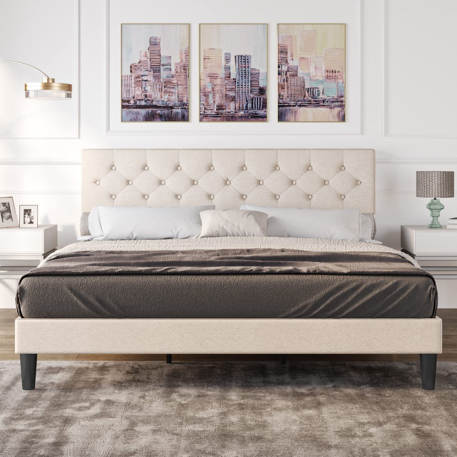 Twin Size Upholstered Linen Platform Bed Frame With Button Tufted