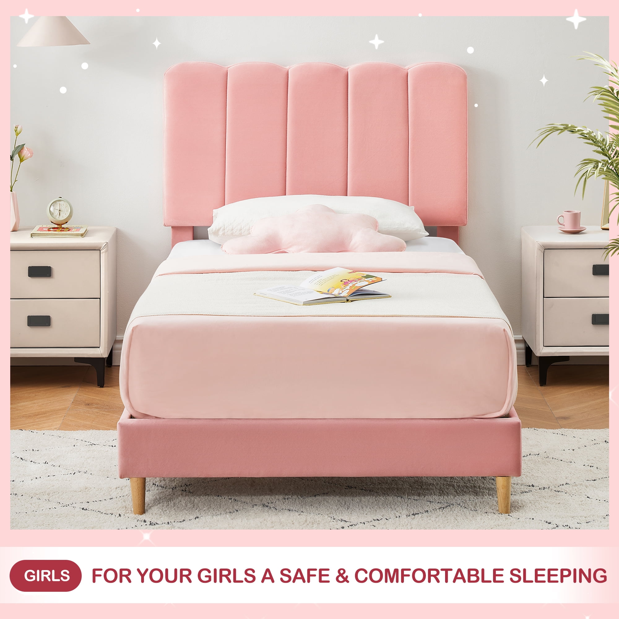 Twin Size Upholstered Platform Bed Frame for Girls, Velvet Upholstered ...