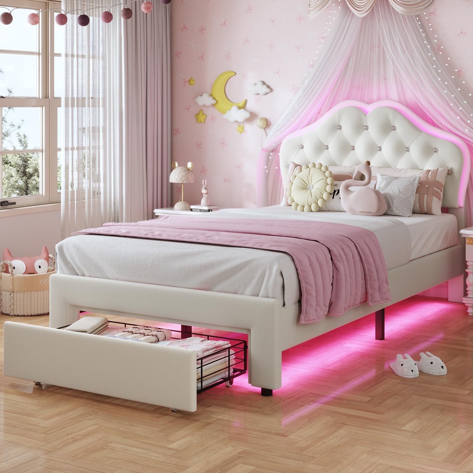 Twin Upholstered Platform Bed with Storage Drawer & LED Lights ...