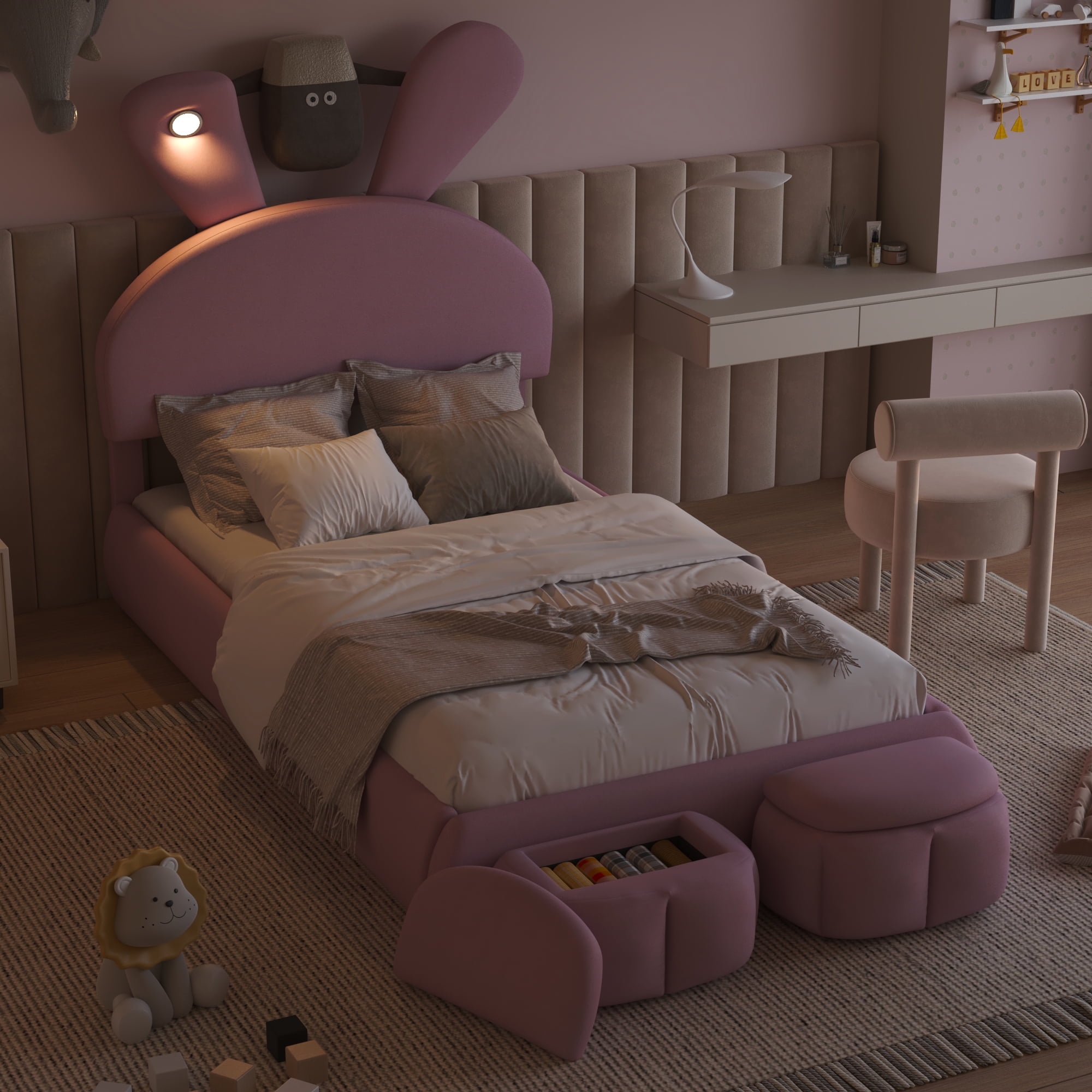 Twin Size Upholstered Platform Bed with Cartoon Ears Shaped Headboard ...