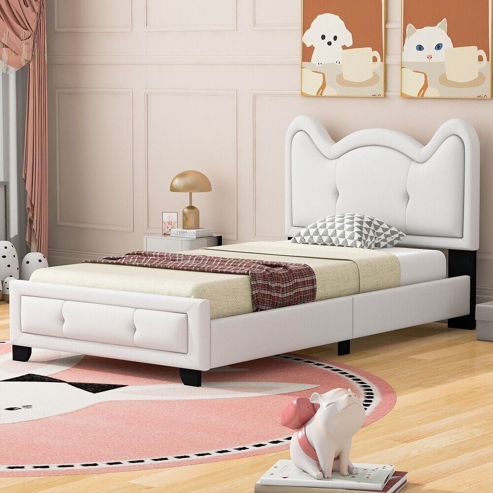 Twin Size Upholstered Platform Bed with Carton Ears Shaped Headboard ...