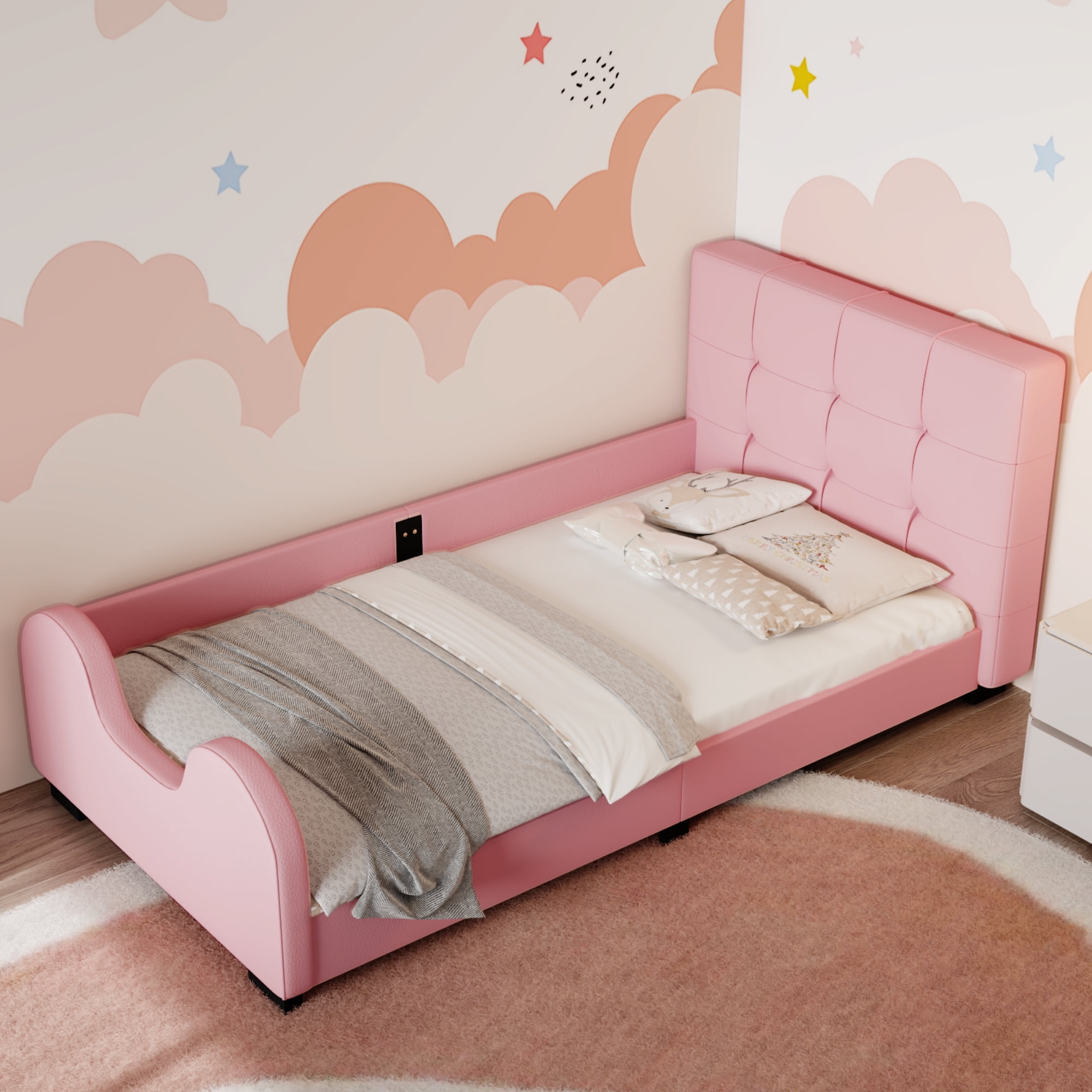 Twin Size Upholstered Platform Bed with Guardrail,Pink,Pink Upholstered ...
