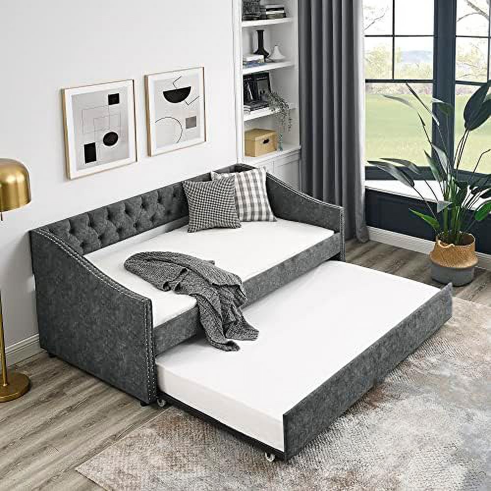 Twin Size Upholstered Tufted Daybed with Functional Trundle, Modern ...