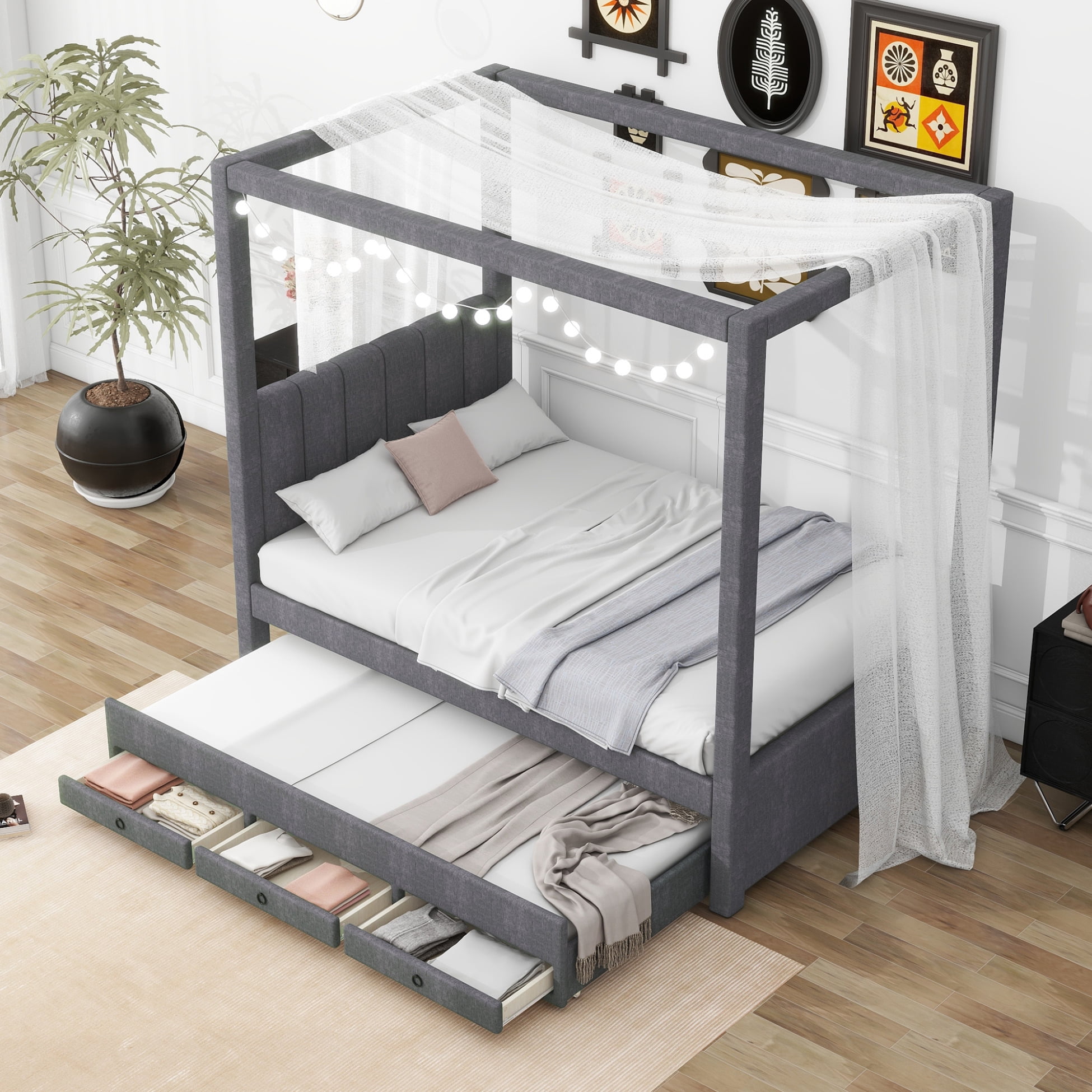 Twin Size Upholstery Canopy Platform Bed with Channel Tufted Headboard ...