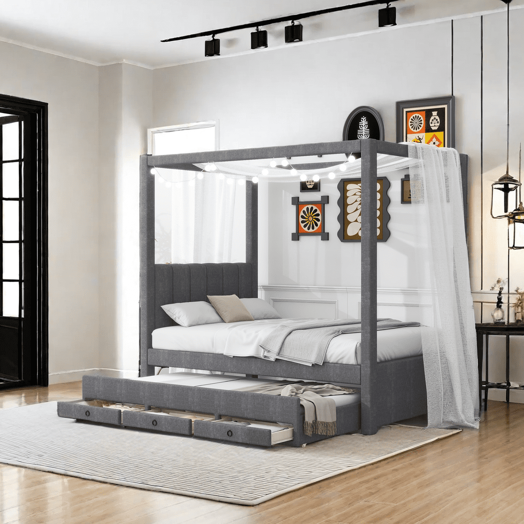 Twin Size Upholstery Canopy Platform Bed with Trundle and 3 Storage ...