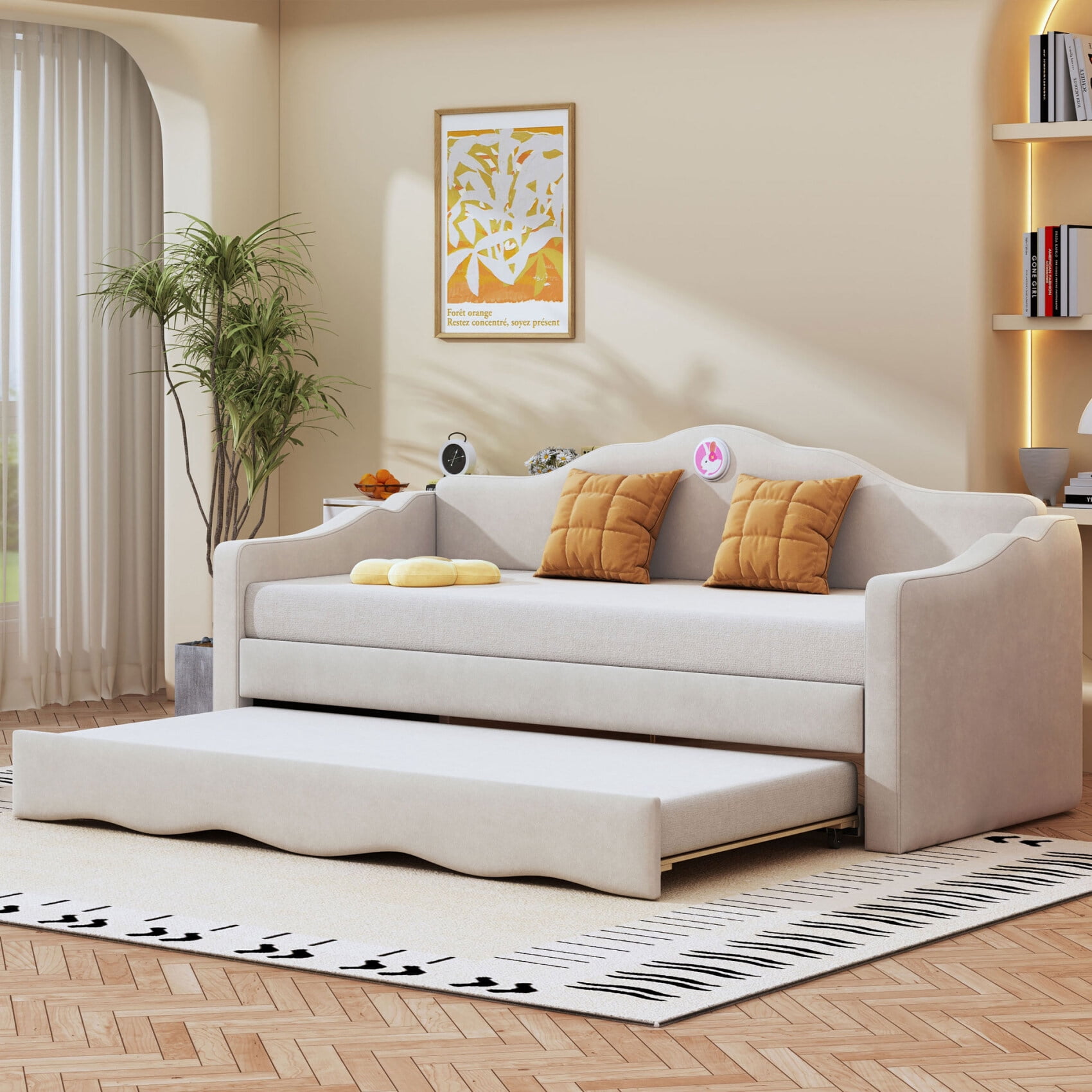 Twin Size Velvet Daybed with Wave-Shaped Trundle, Upholstered Daybed ...