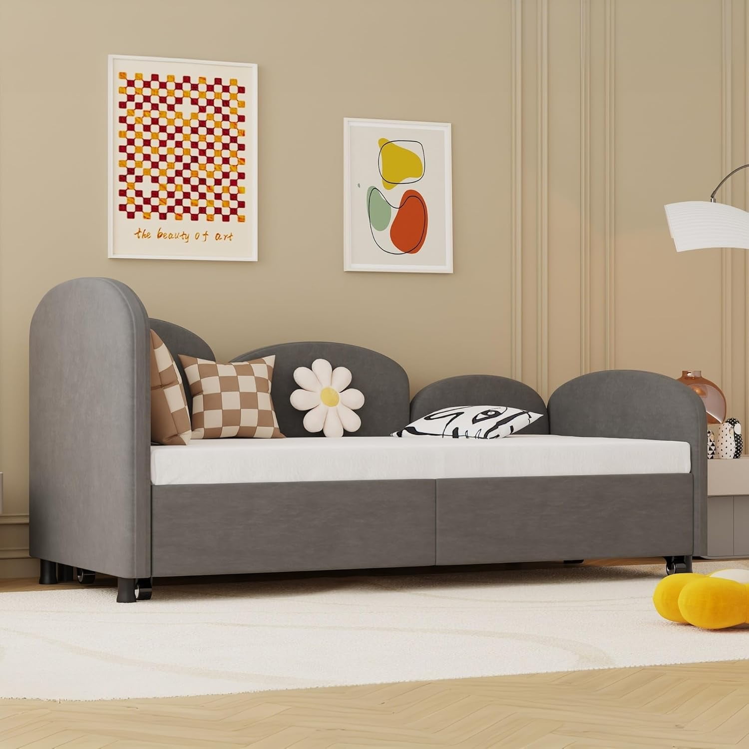 Twin Size Velvet Upholstered Daybed with Trundle, Multifunctional Modern Corner Sofa Bed Frame ...