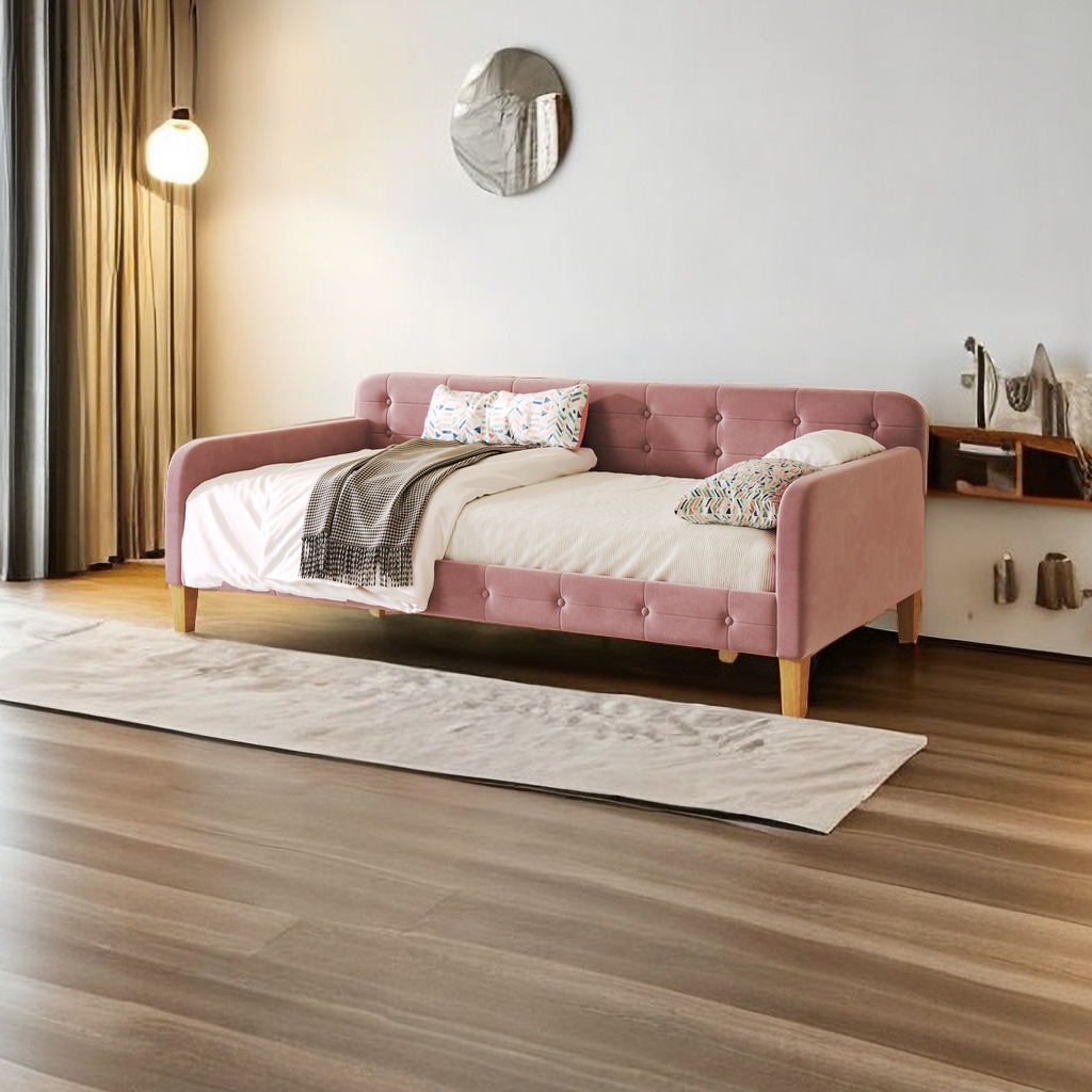 Twin Size Velvet Upholstered Dayed with Button Tufted Design and 4 Wood ...