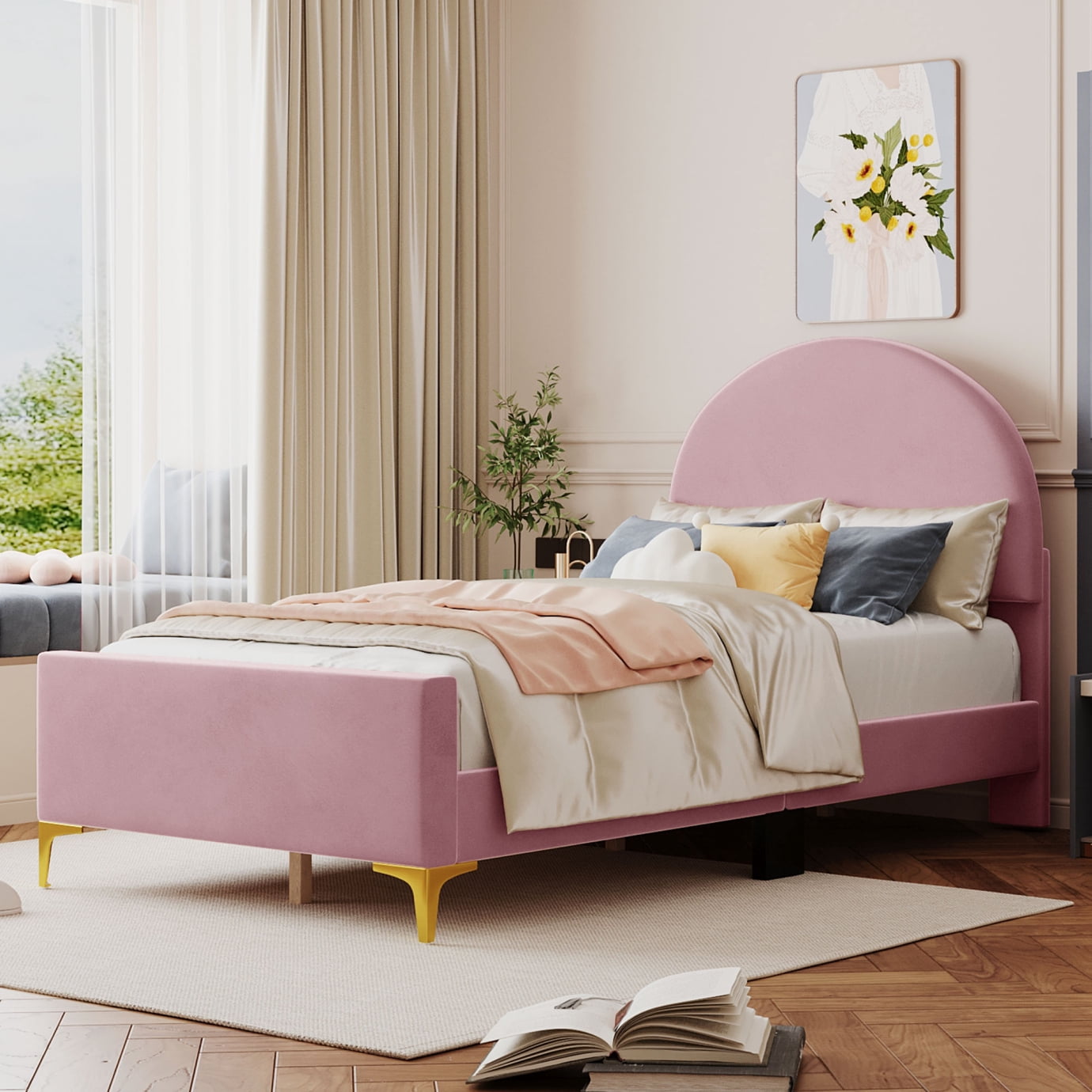 Twin Size Velvet Upholstered Platform Bed with Classic Semi-circle ...