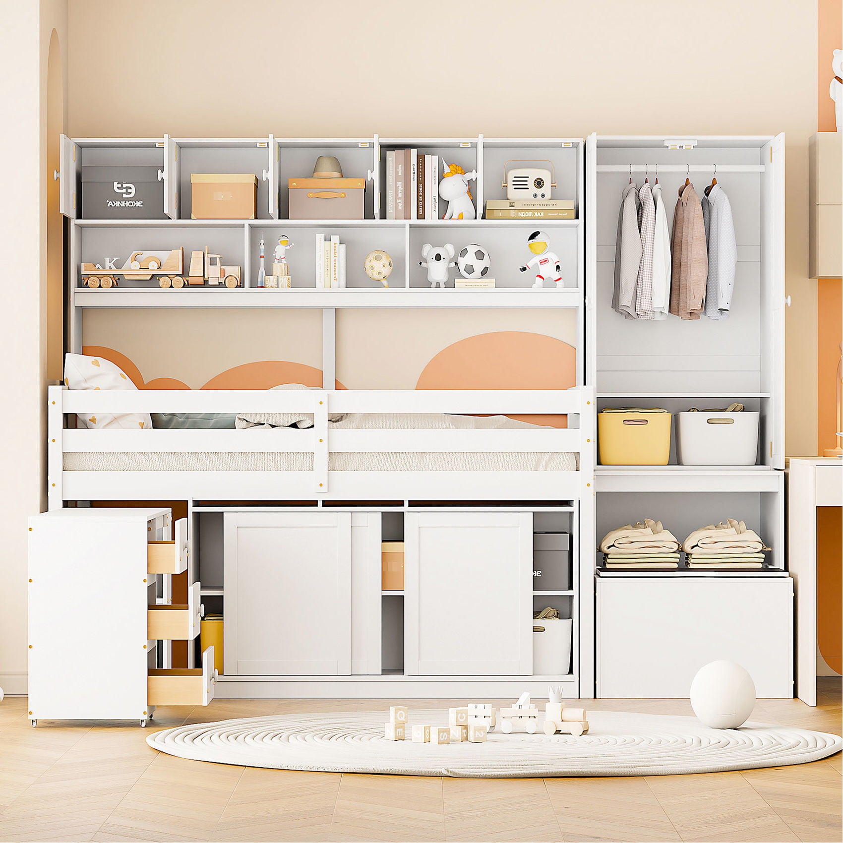 Twin Size White Loft Bed with Multiple Storage | Mobile Workstation and ...