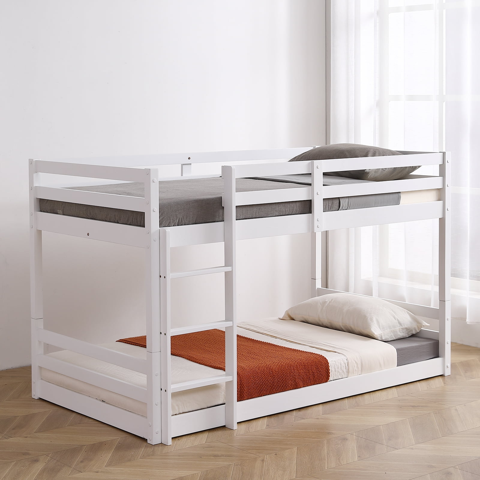 Twin Size White Wooden Bunk Bed with Horizontal Guard Rails and ...