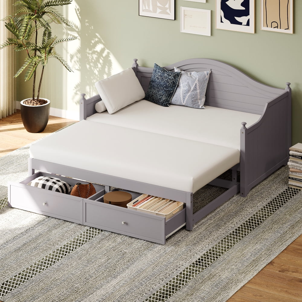 Twin Size Wood Daybed Extended Bed with Storage Drawers Wooden Sofa Bed ...