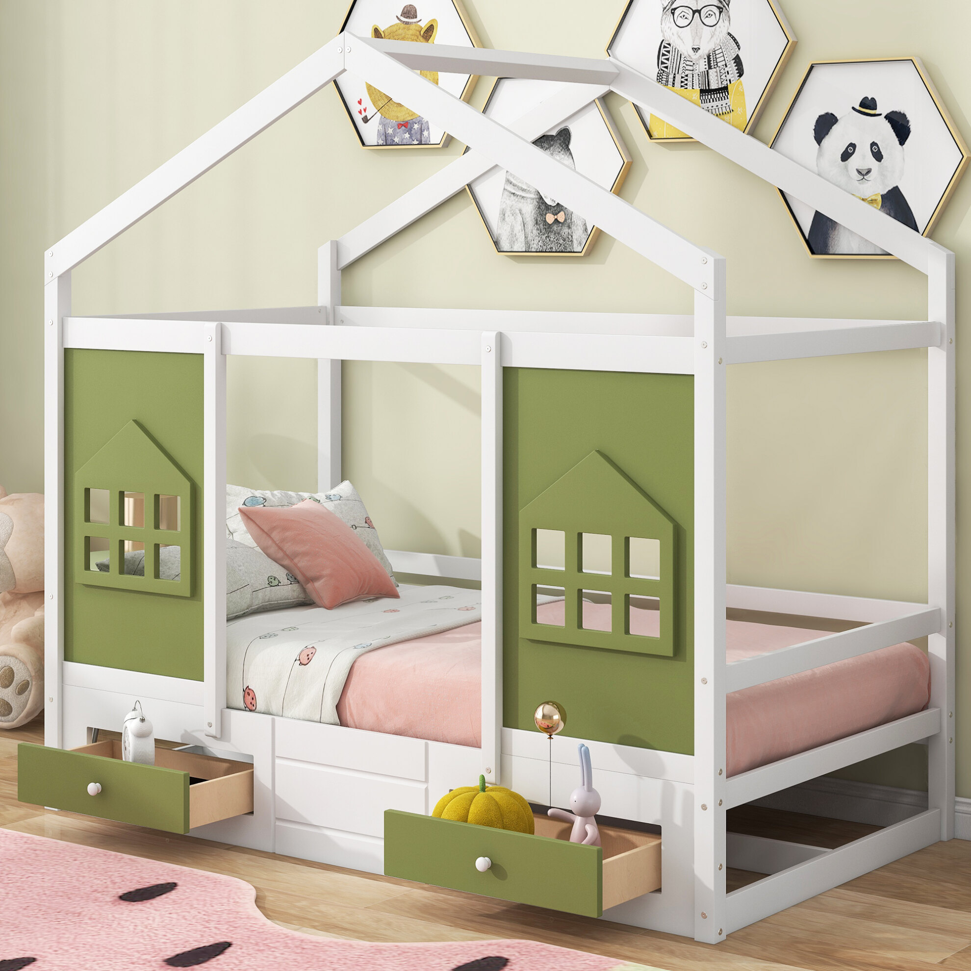 Twin Size Wood House Bed with 2 Drawers,House Bed Frame with Roof and ...