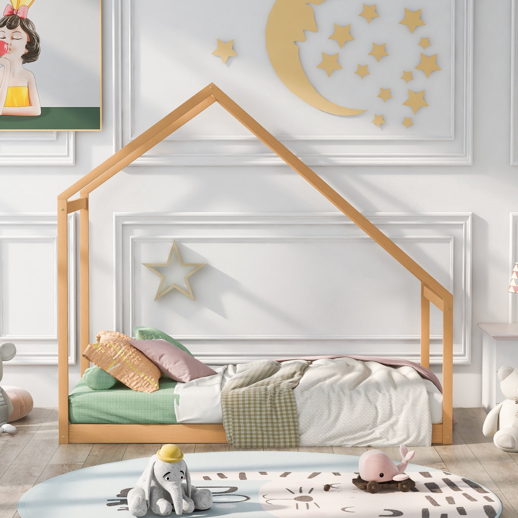 Twin Size Wood House Bed with Roof, Wood Floor Bed, Montessori Bed ...