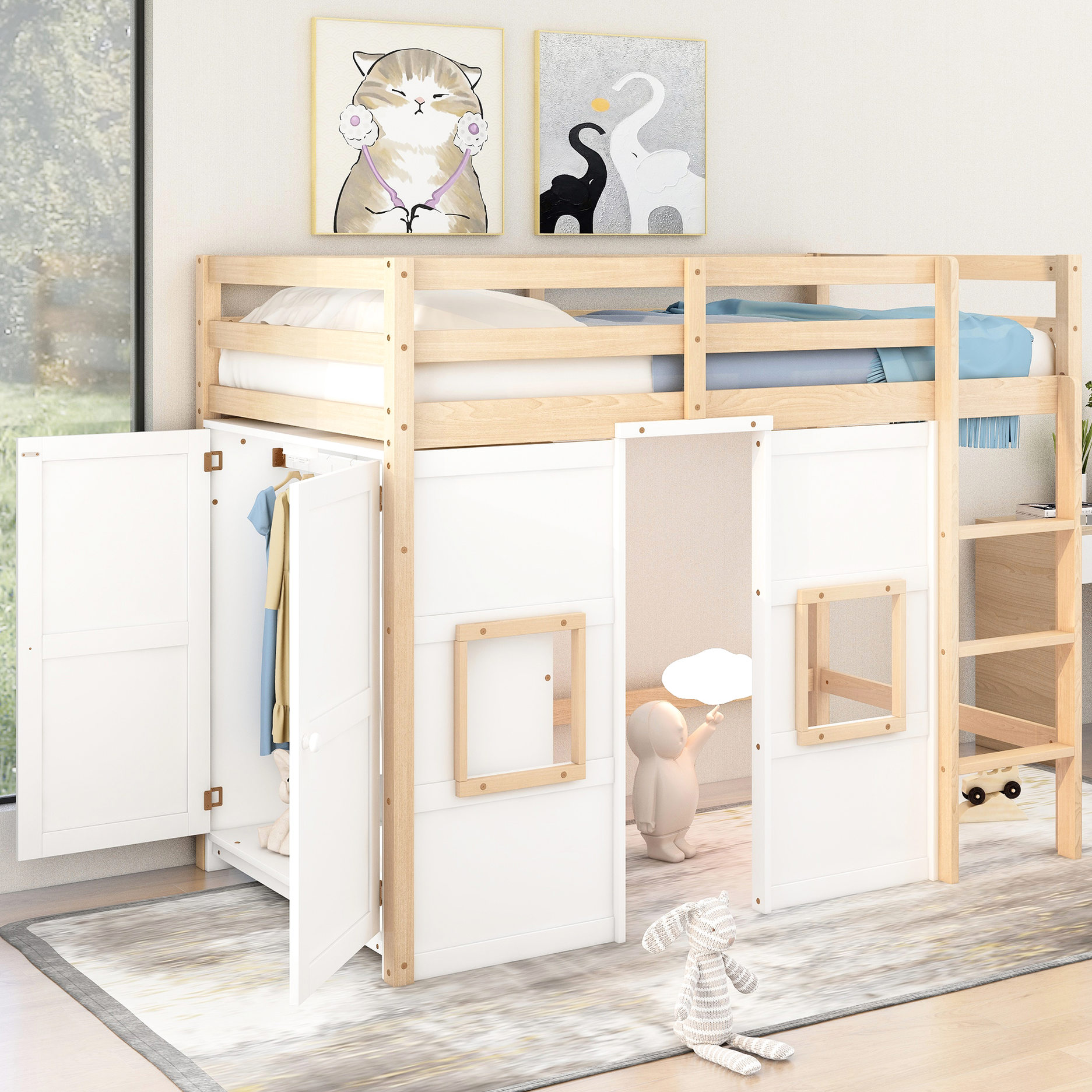 Twin Size Wood Loft Bed with Built - in Wardrobe and Windows, Natural ...