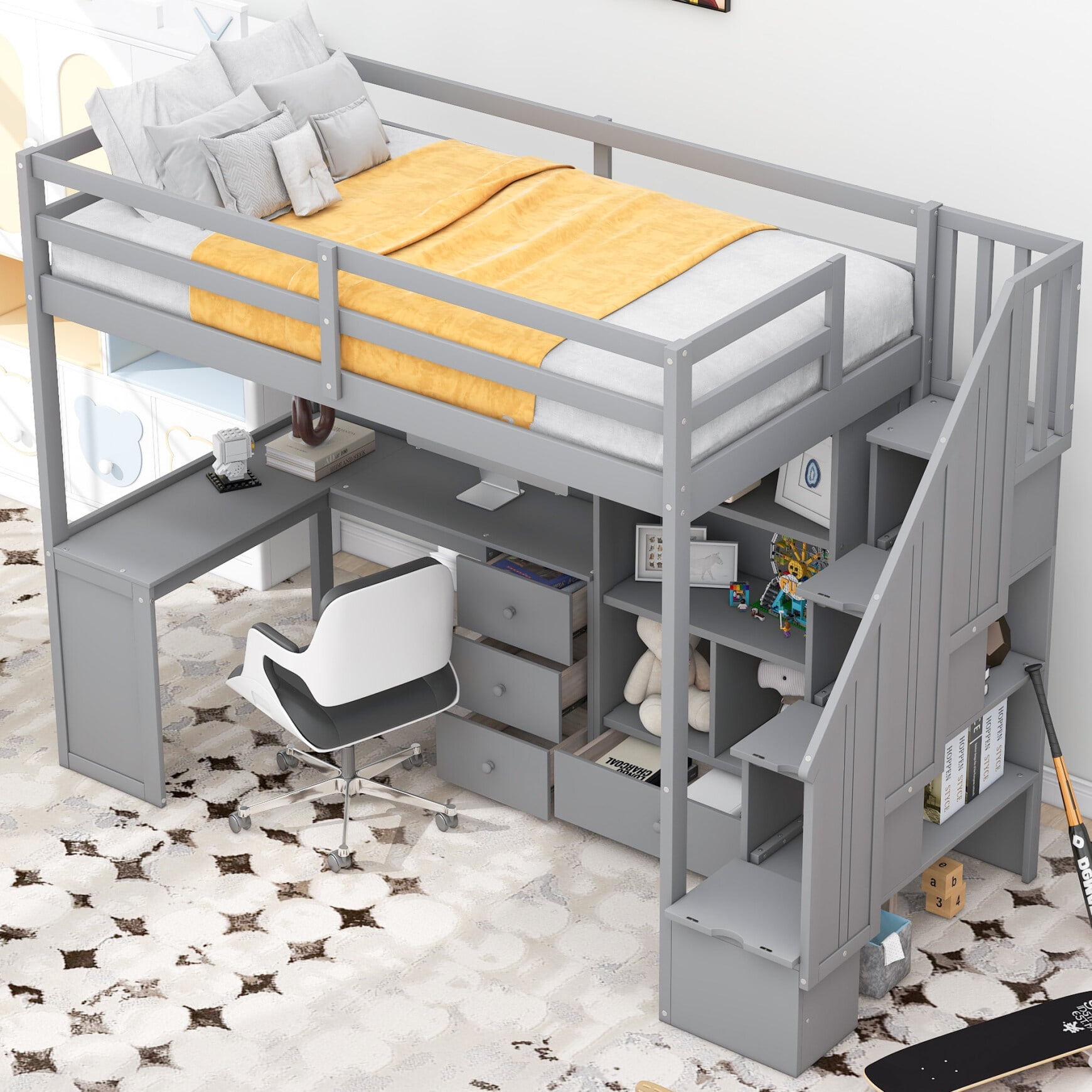 Twin Size Wood Loft Bed with L-Shaped Desk and Drawers, Wooden Storage ...