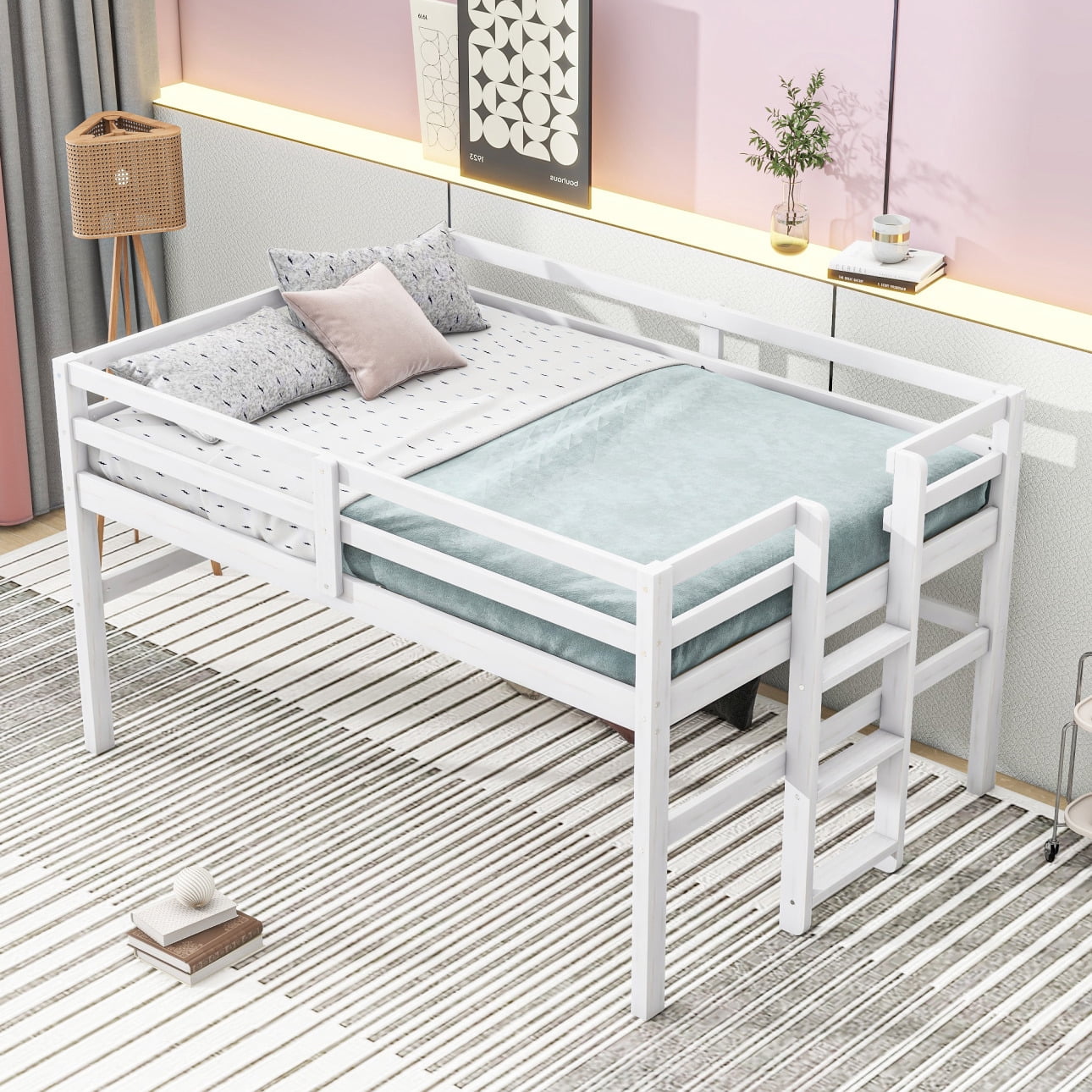 Twin Size Wood Loft Bed with Space-Saving Design, Upper Bed with Side ...