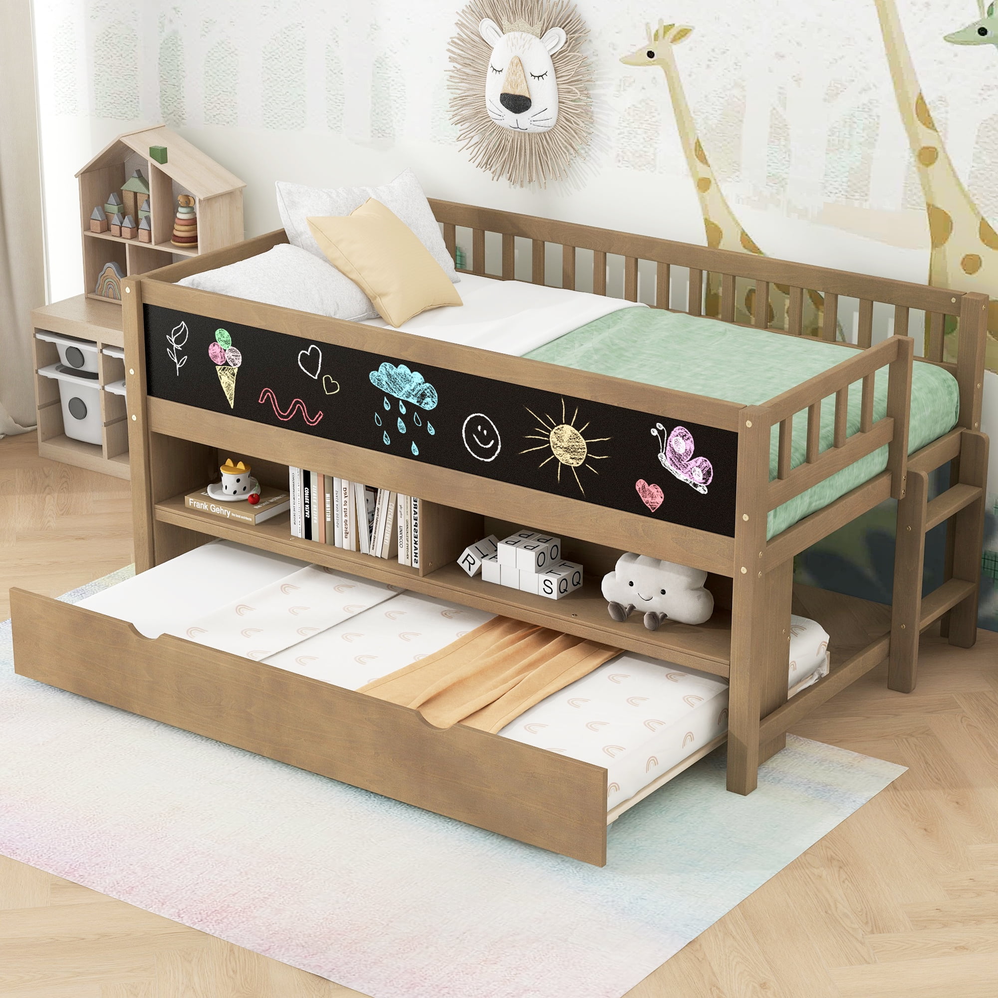 Twin Size Wood Low Loft Bed with Storage Shelves, Blackboard and ...