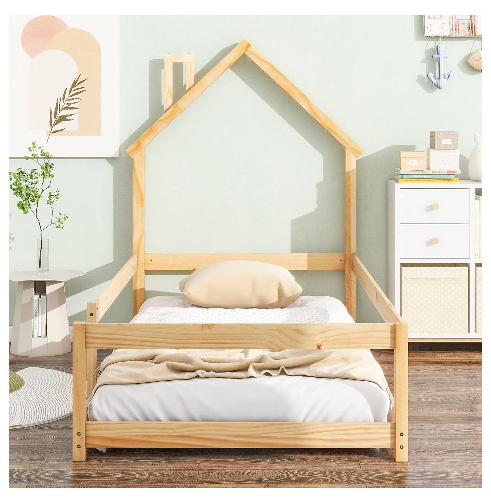 Twin Size Wood Montessori Floor Bed Frame with House-Shaped Headboard ...