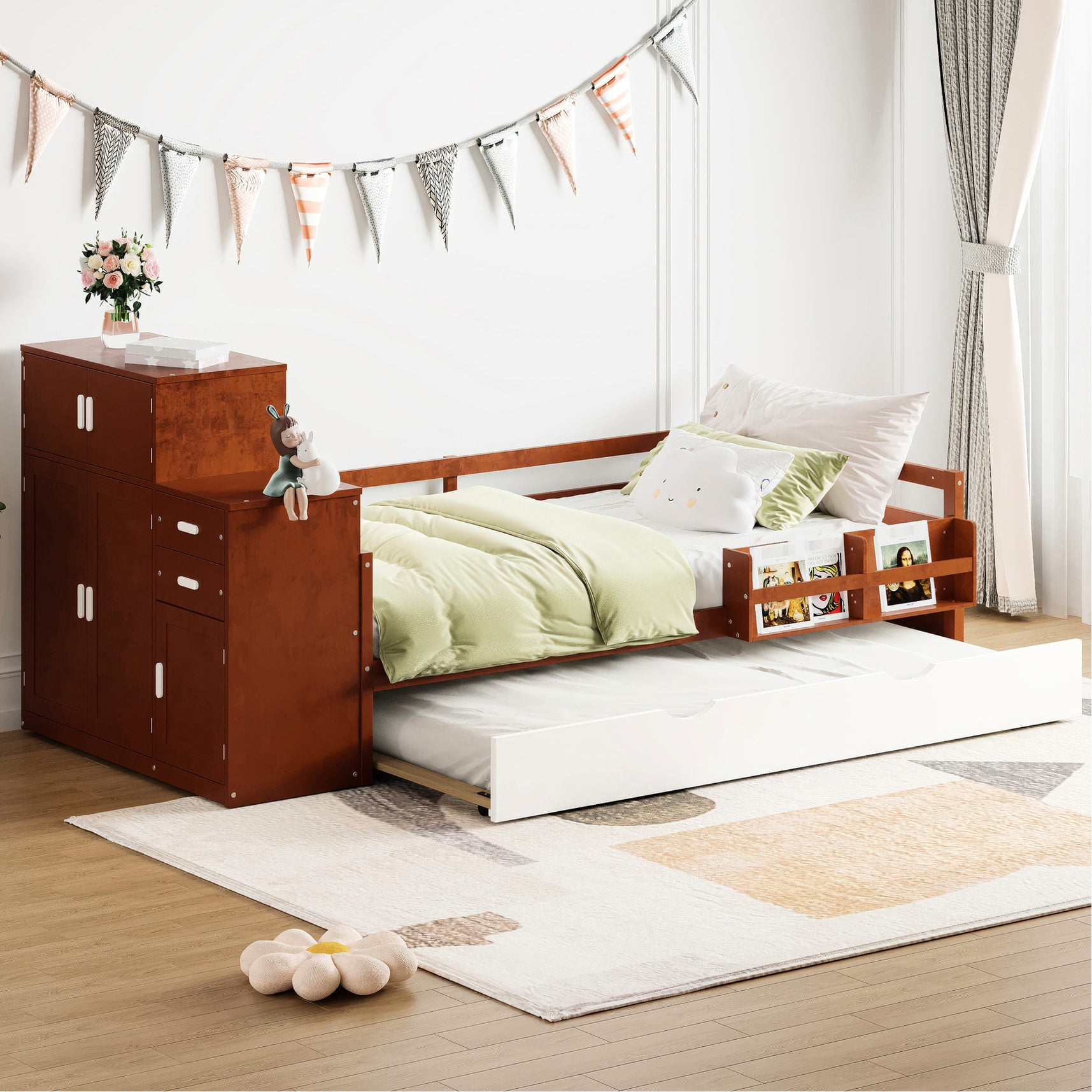 Twin Size Wood Platform Bed in Walnut with Sample Bookshelf | Abundant ...
