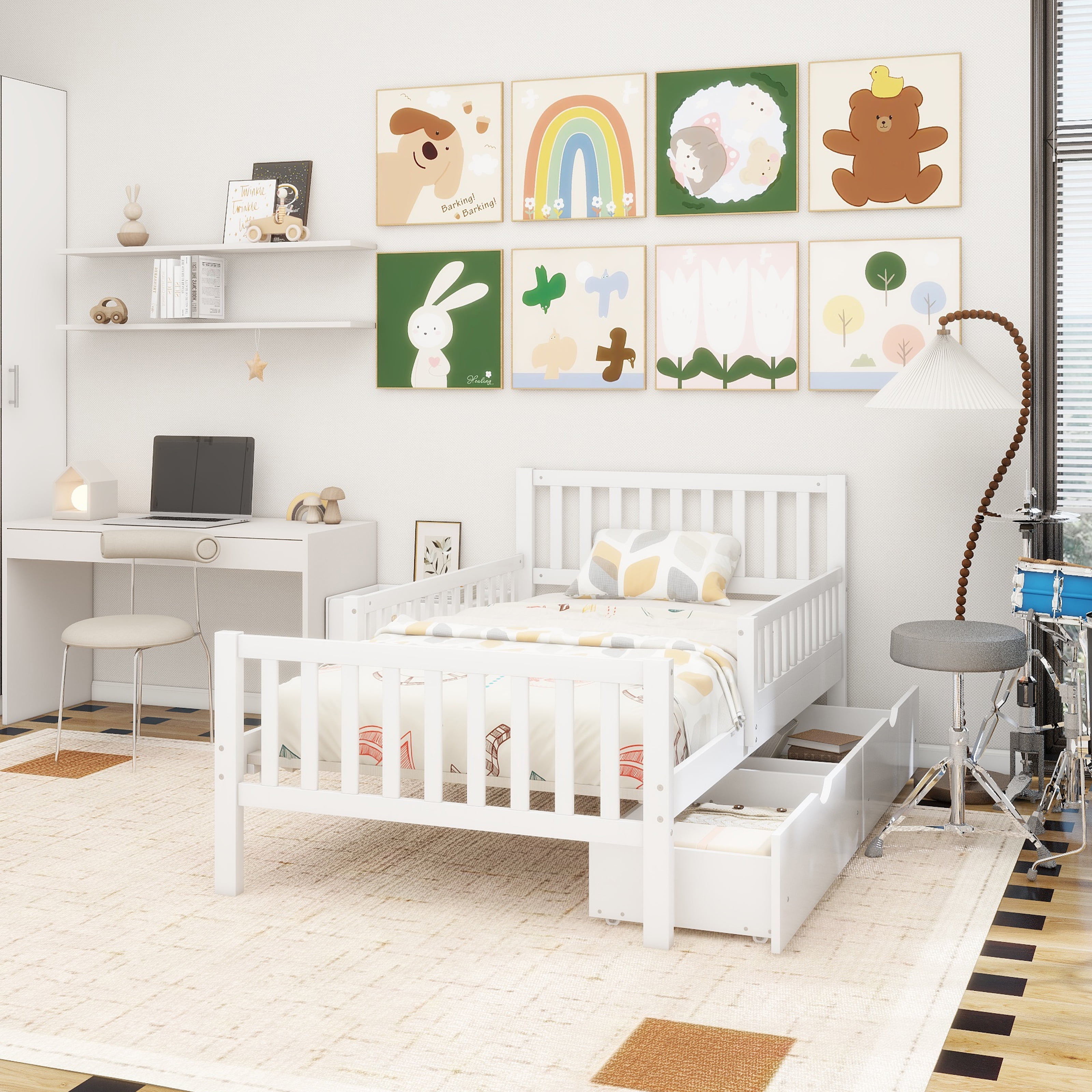 Twin Size Wood Platform Bed with Guardrails on Both Sides and Two ...