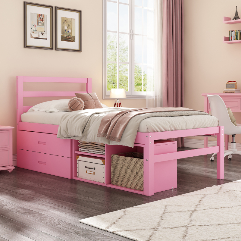 Twin Size Wood Platform Bed with Removable Storage Shelves, Built-in ...