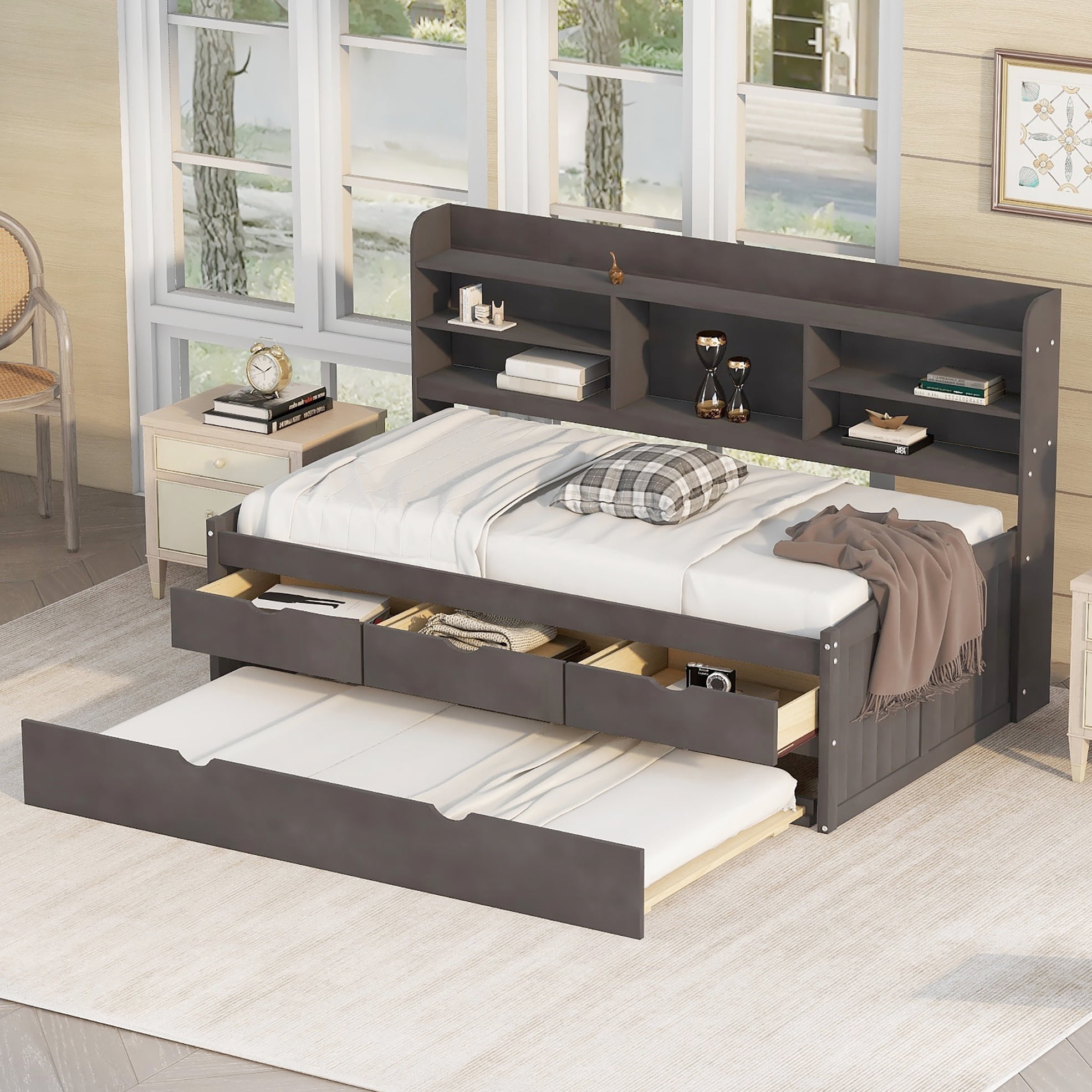 Twin Size Wooden Captain Bed With Built-in Bookcases, Storage And Trundle In Gray Antique Style ...