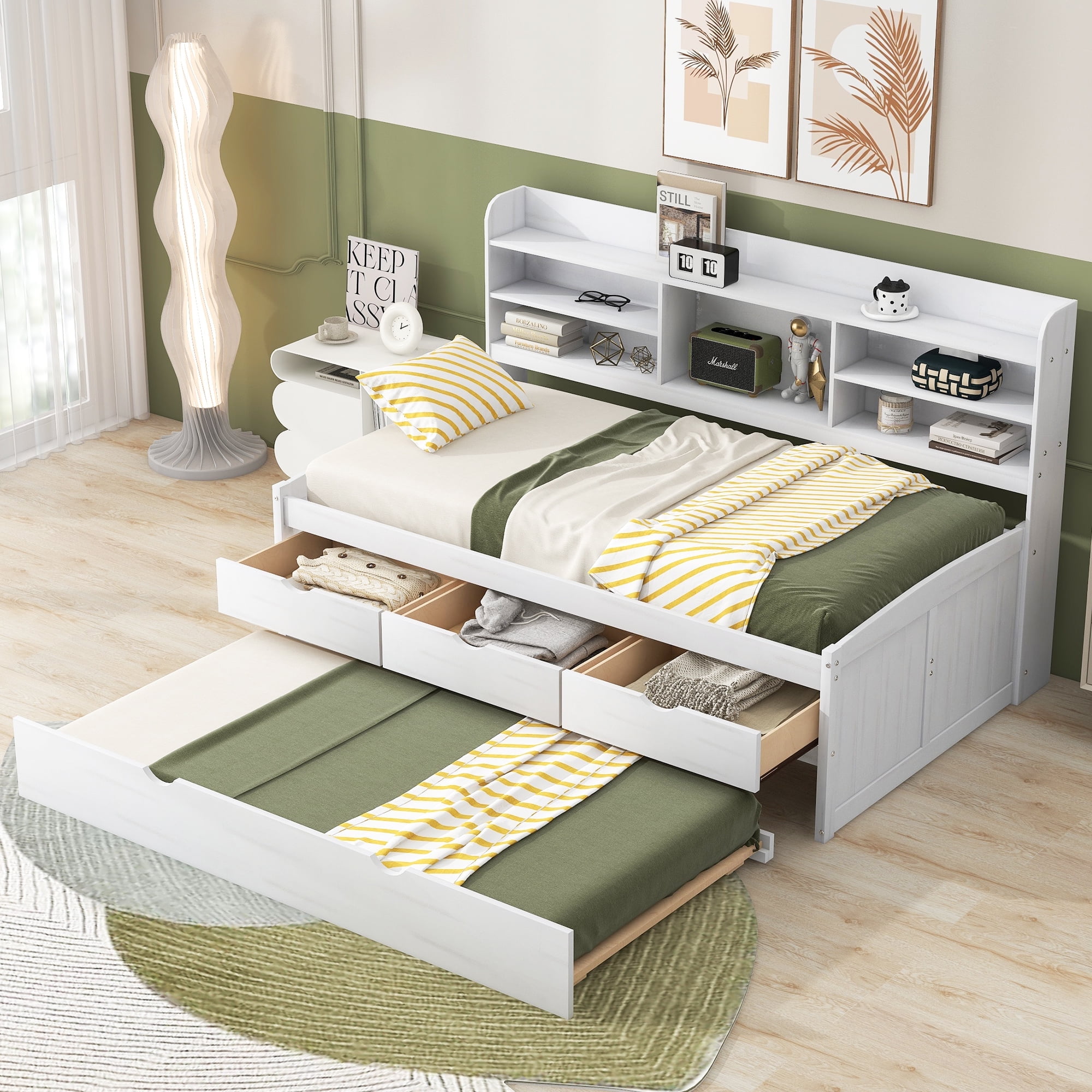Twin Size Wooden Captain Bed with Built-in Bookshelves,Three Storage ...