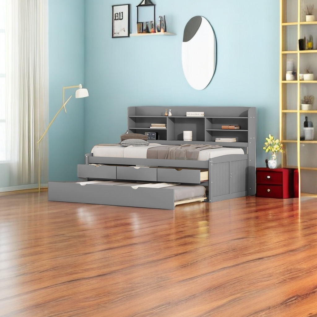 Twin Size Wooden Captain Bed with Built-in Bookshelves,Three Storage ...