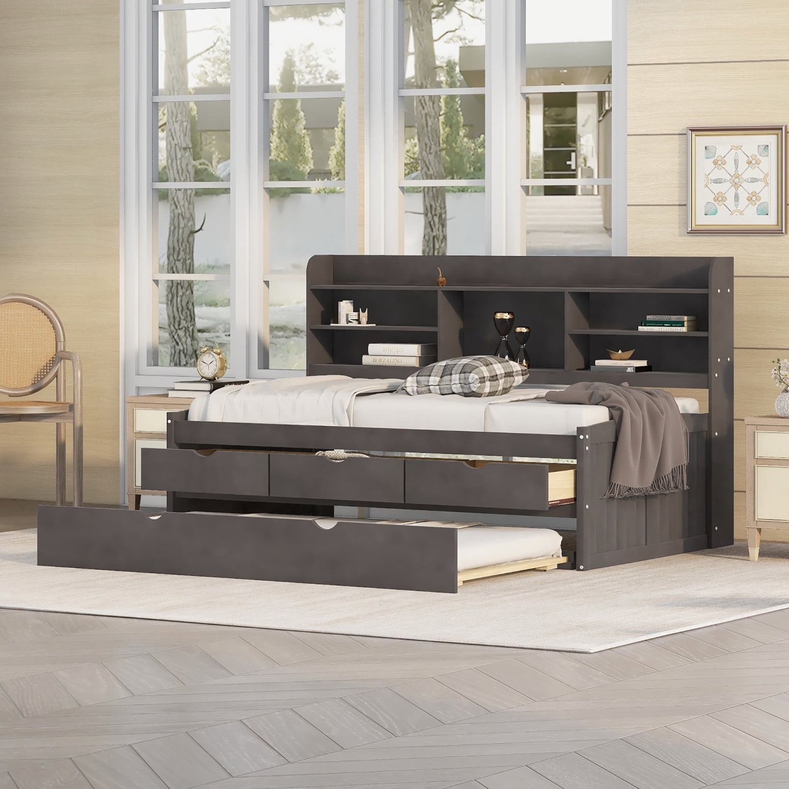 Twin Size Wooden Captain Bed with Built-in Bookshelves,Wooden Daybed ...