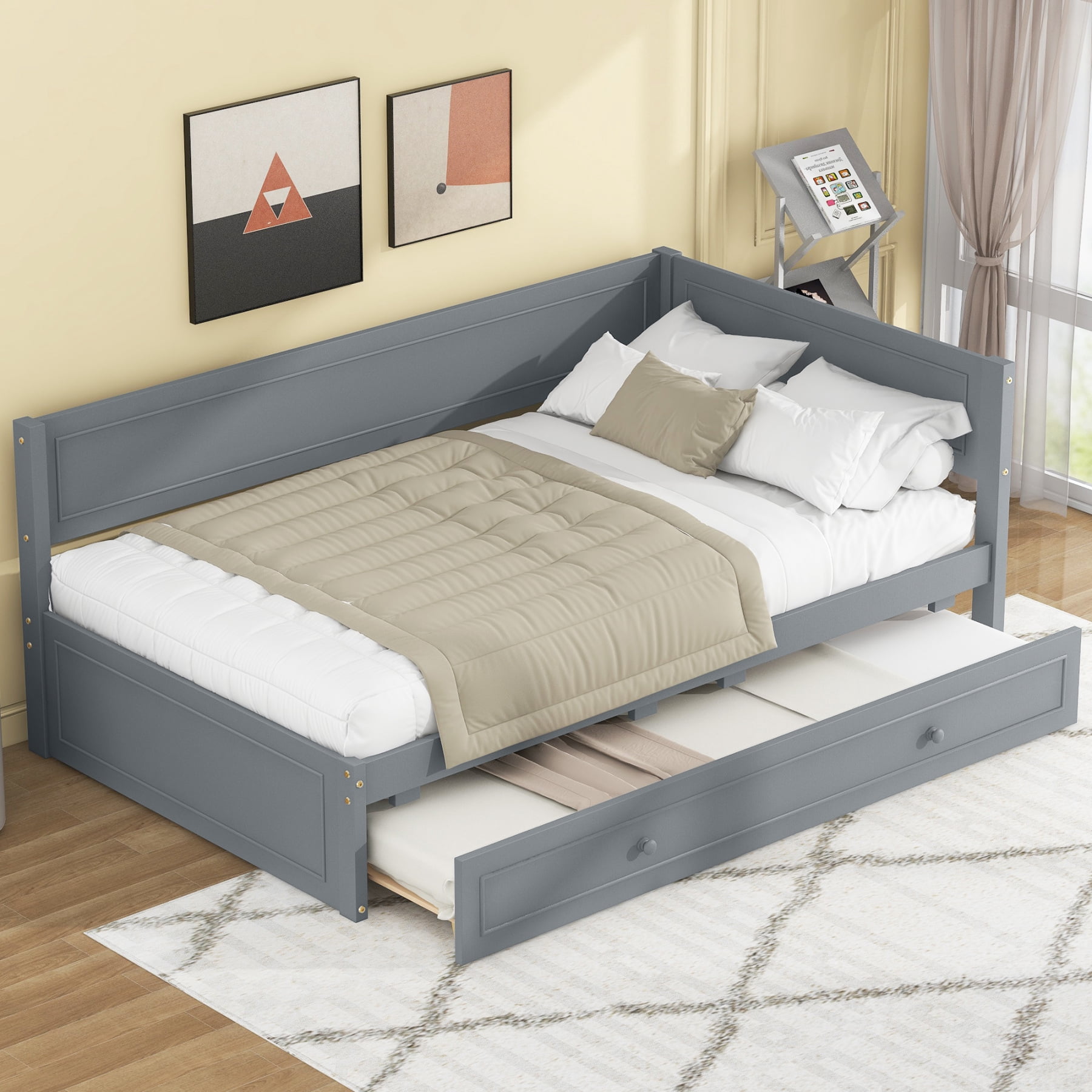 Twin Size Wooden Daybed with Trundle, Vintage Day Bed with Guardrail ...