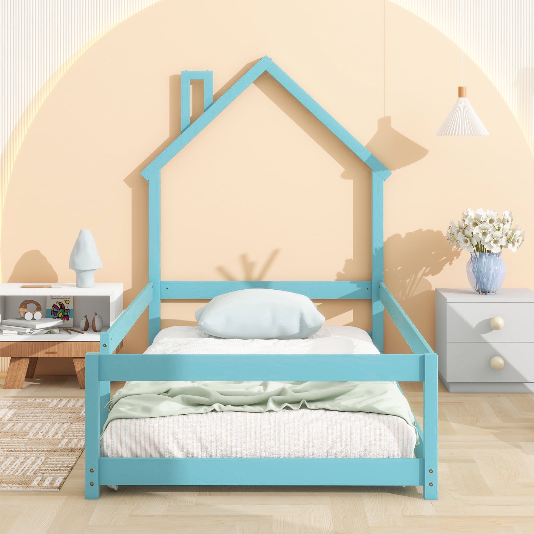 Twin Size Wooden Floor bed with House-shaped Headboard, modern twin bed ...