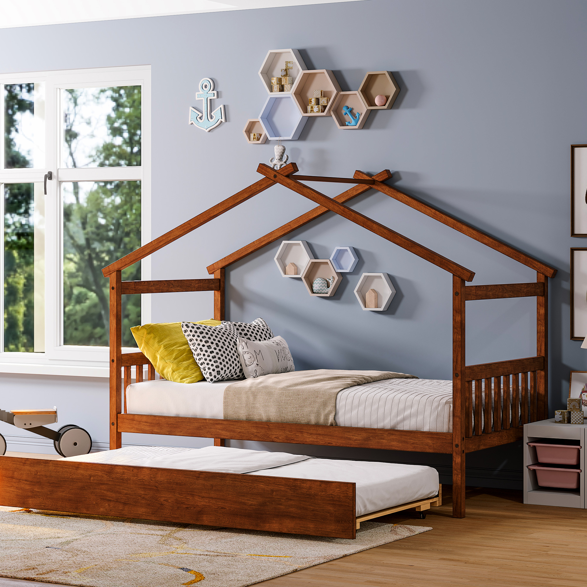 Twin Size Wooden House Bed With Trundle In Walnut - Spacious Sleeping ...