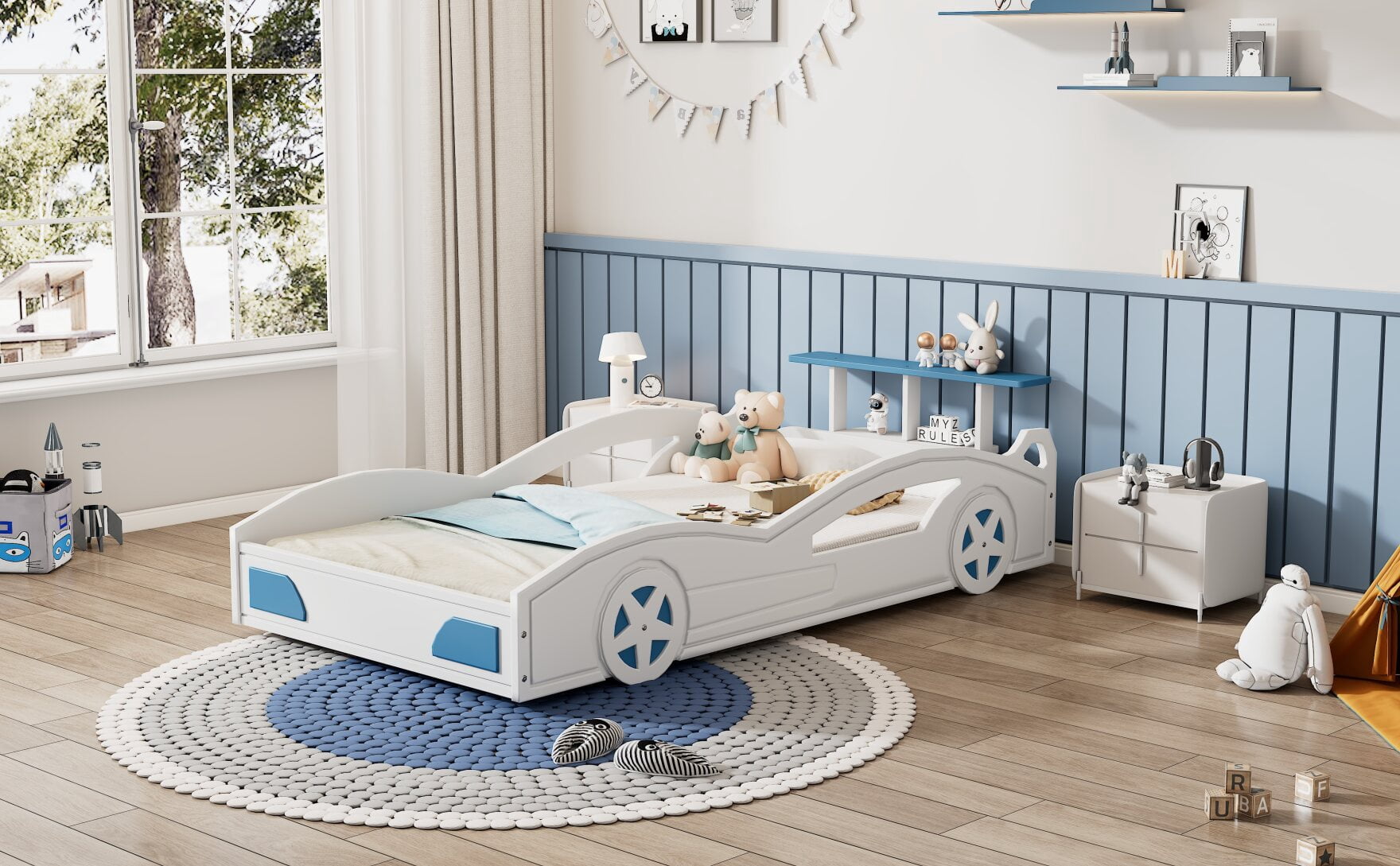 Twin Size Wooden Race Car Bed,Modern Car-Shaped Platform Twin Bed with ...