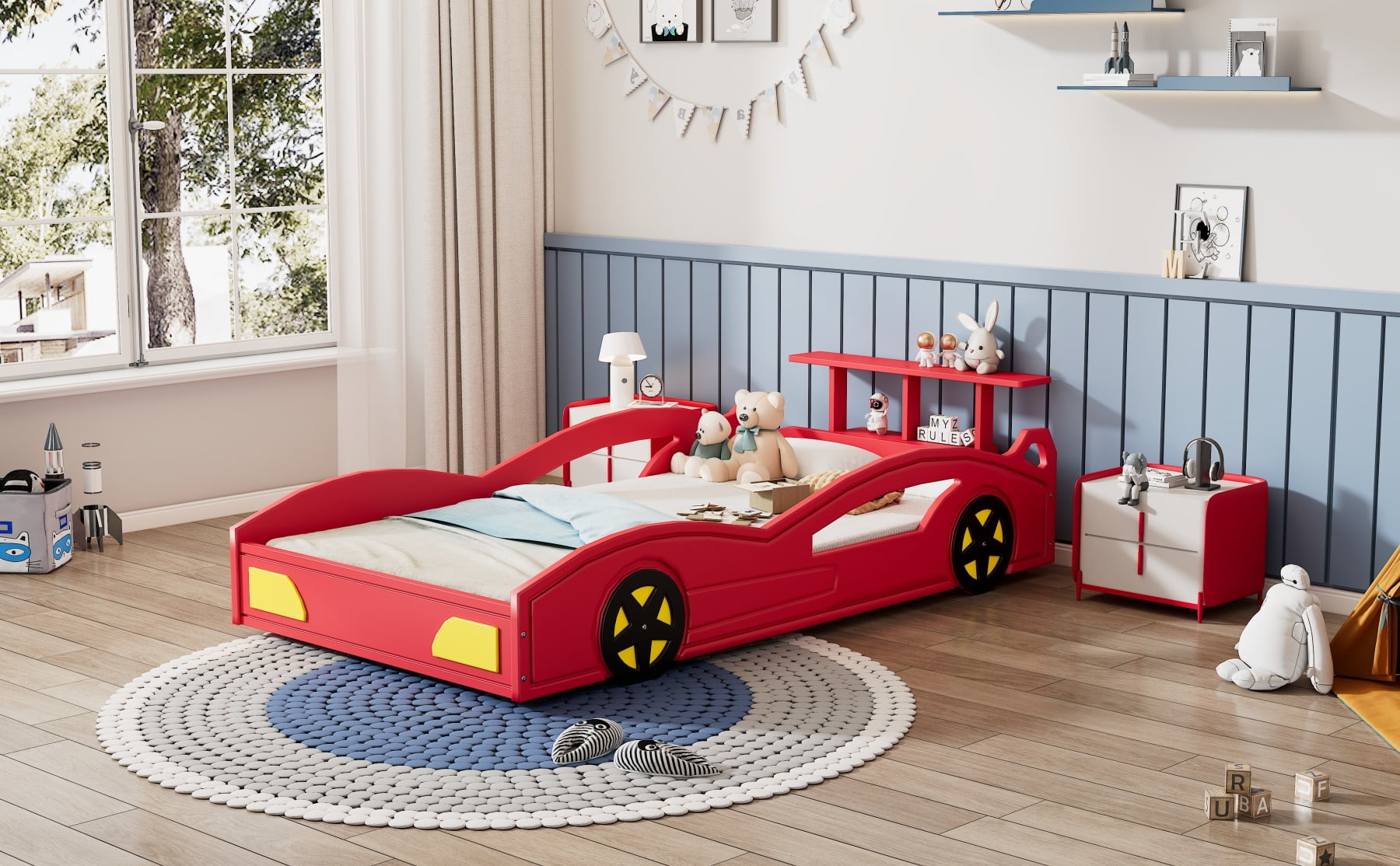Twin Size Wooden Race Car Bed,Modern Car-Shaped Platform Twin Bed with ...