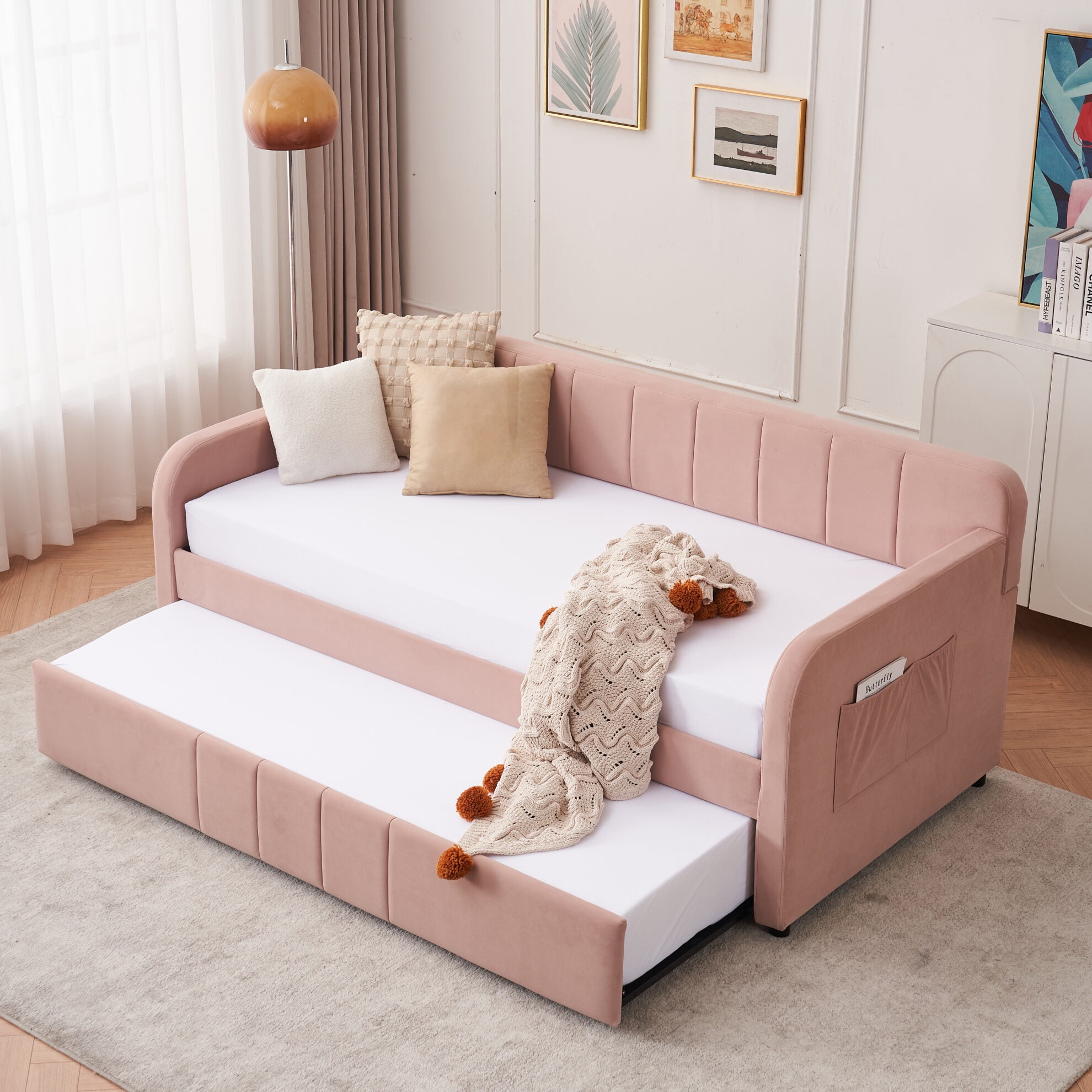 Twin Sofa Bed Daybed with Trundle Bed & Armrest, High-Density Foam ...