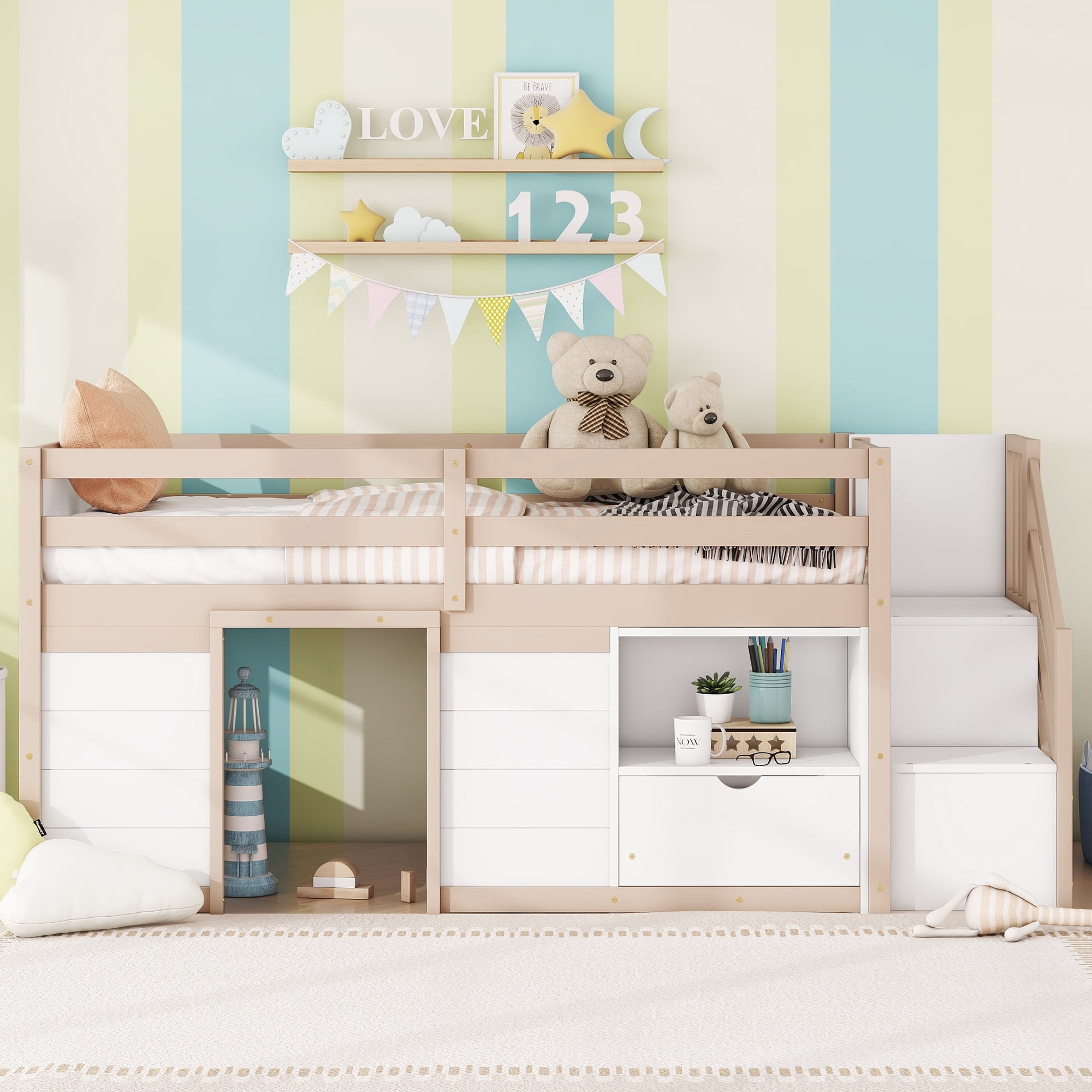 Twin Solid and Stable Bed, Solid Wood Twin Size Low Loft Bed with Stair ...