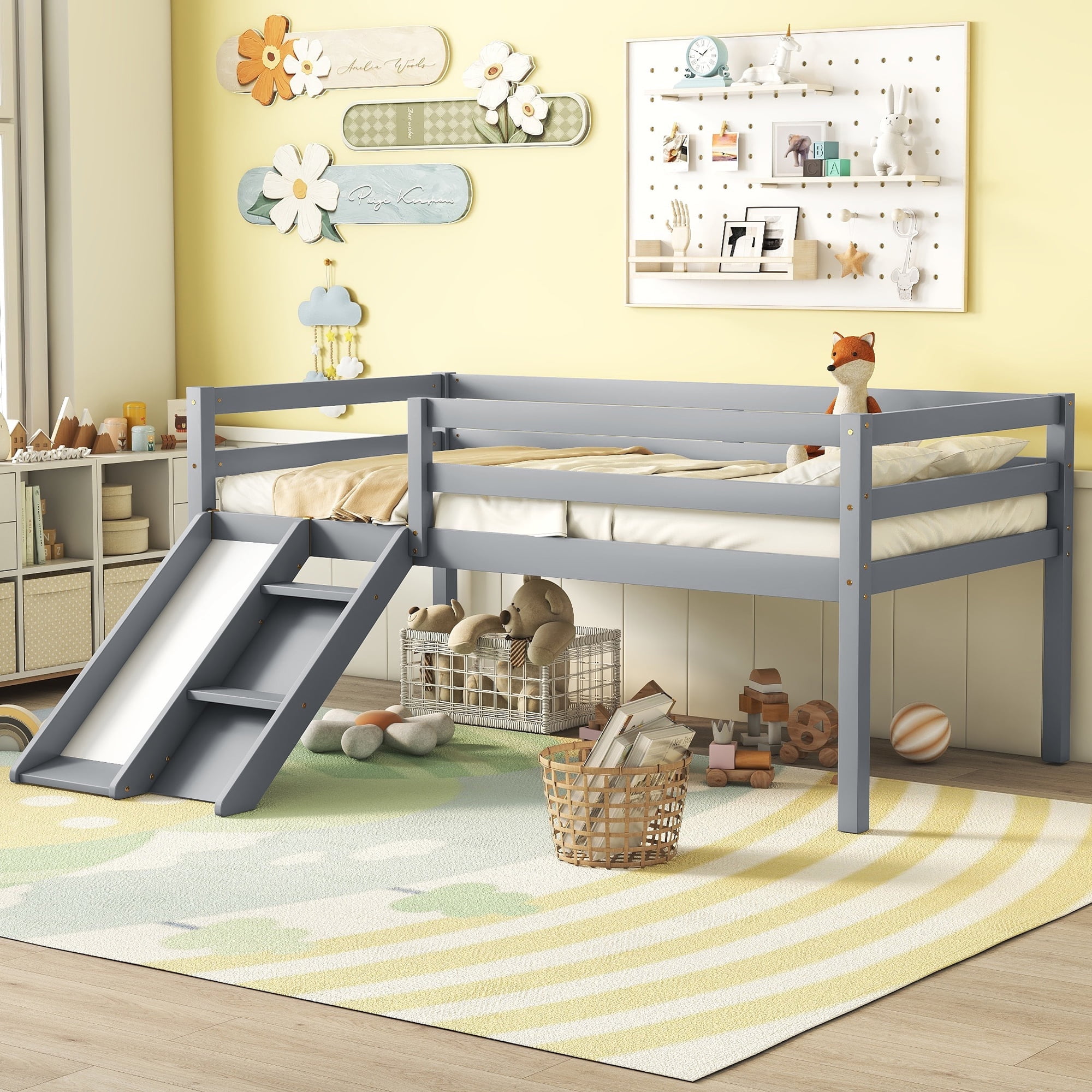 Twin Solid and Stable Low Loft Bed with Slide, Ladder, Safety ...