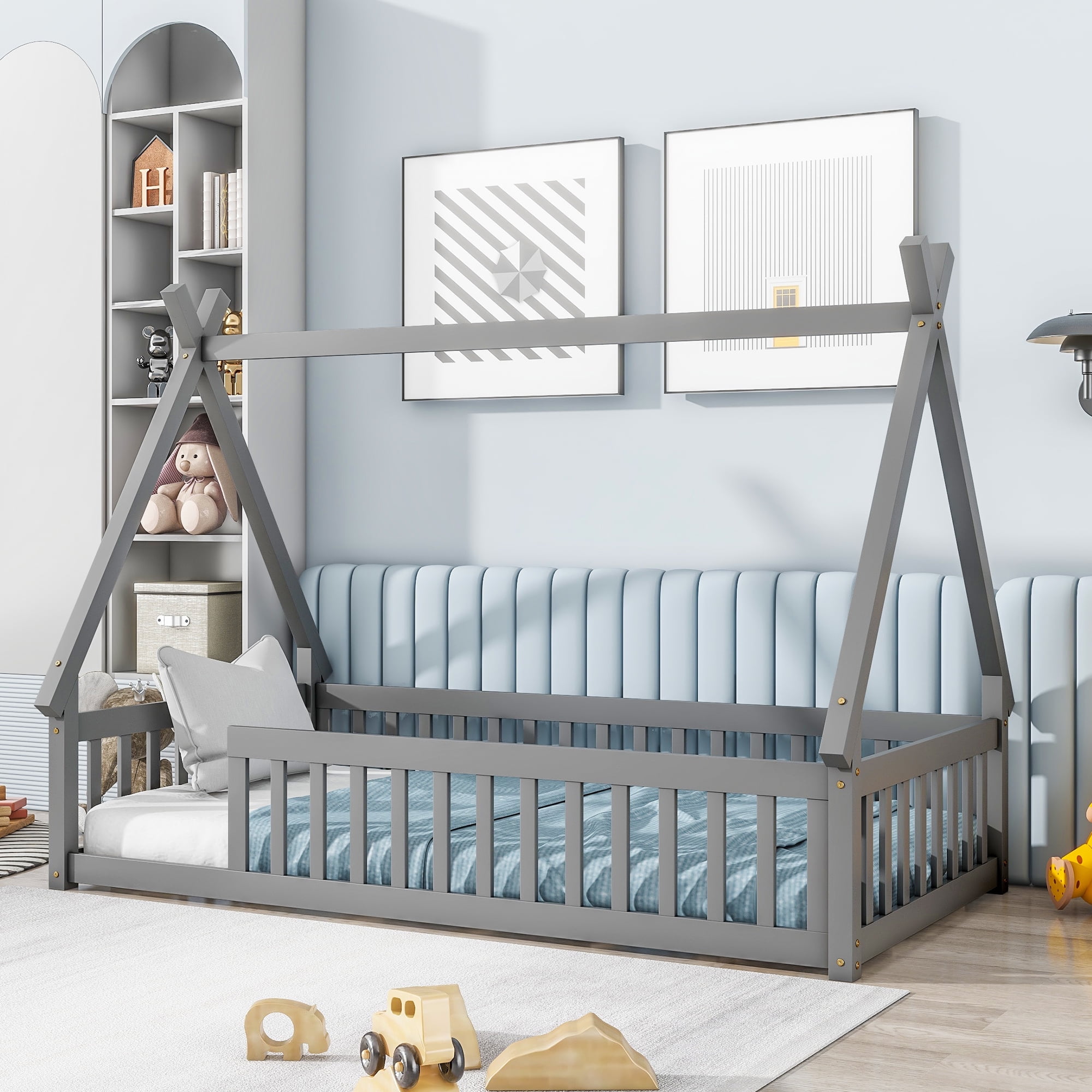 Twin Solid and Stable Tent-Shaped Floor Bed, Teepee Bed with Guardrails ...