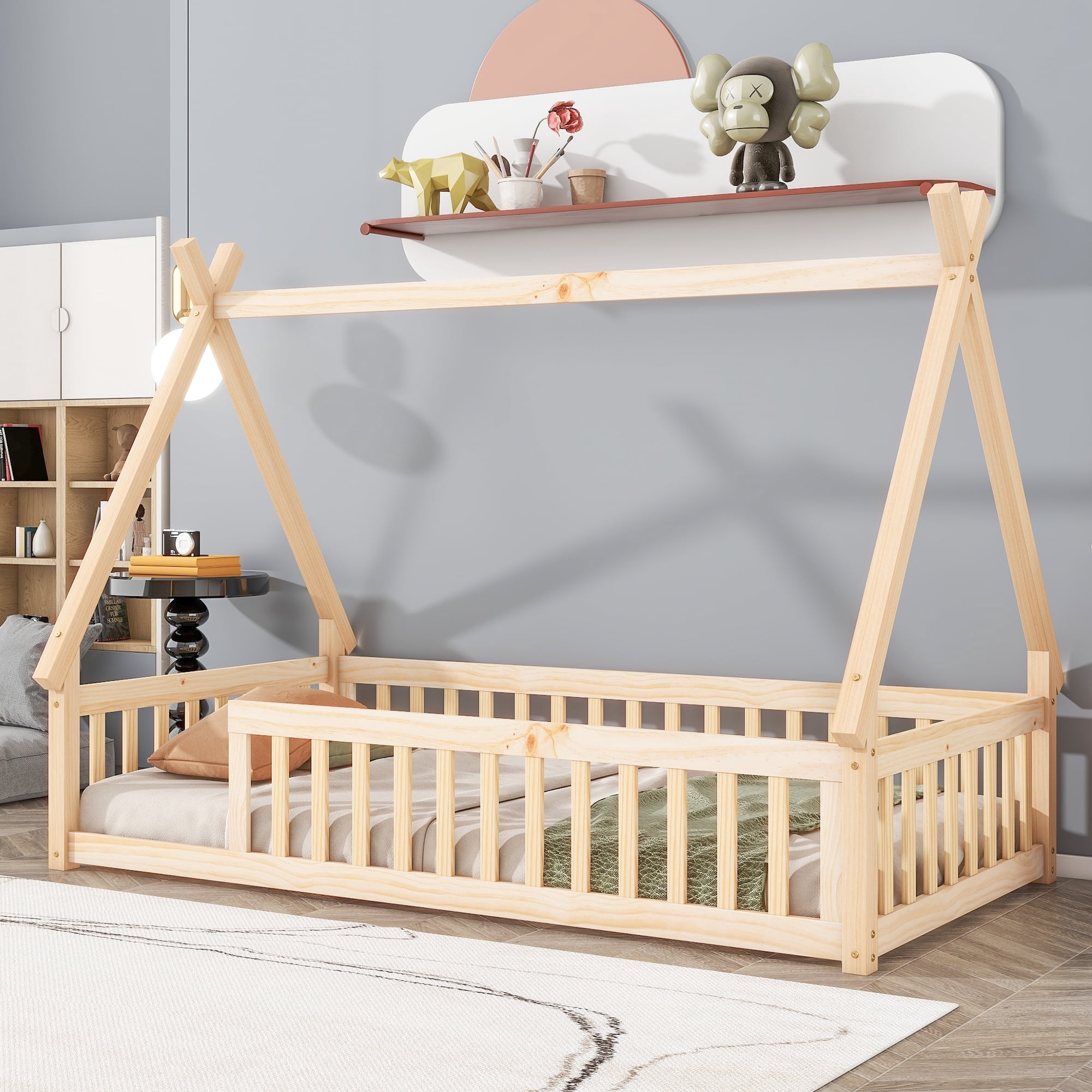 Twin Solid and Stable Tent-Shaped Floor Bed, Teepee Bed with Guardrails ...