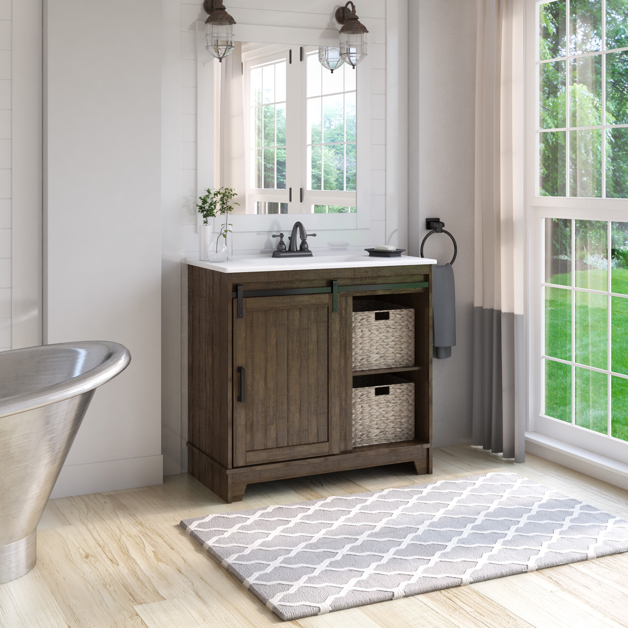 Twin Star Home 36" Sliding Barn Door Single Bathroom Vanity with Woven ...