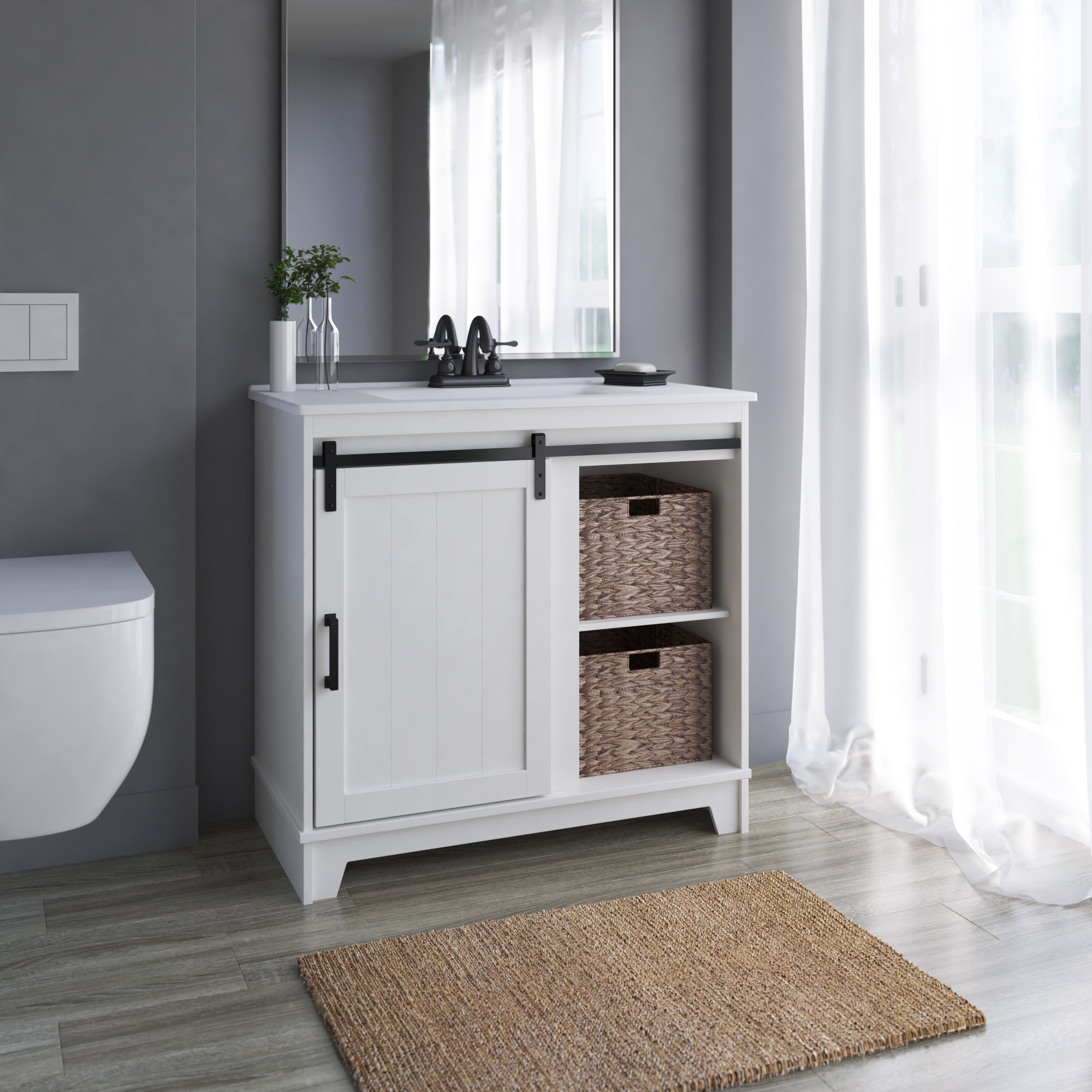 Twin Star Home 36" Sliding Barn Door Single Bathroom Vanity with Woven ...
